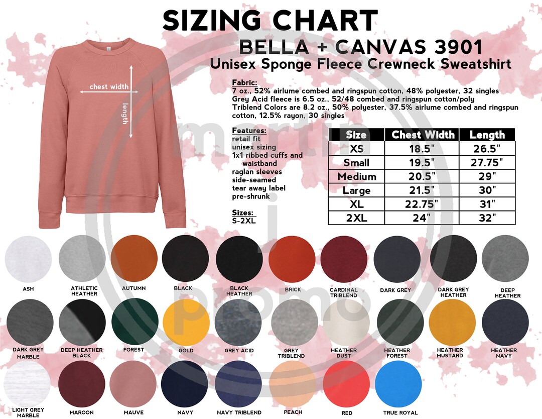 Bella Canvas 3901 Size Chart | Bella Canvas Color Guide I Unisex Sponge ...