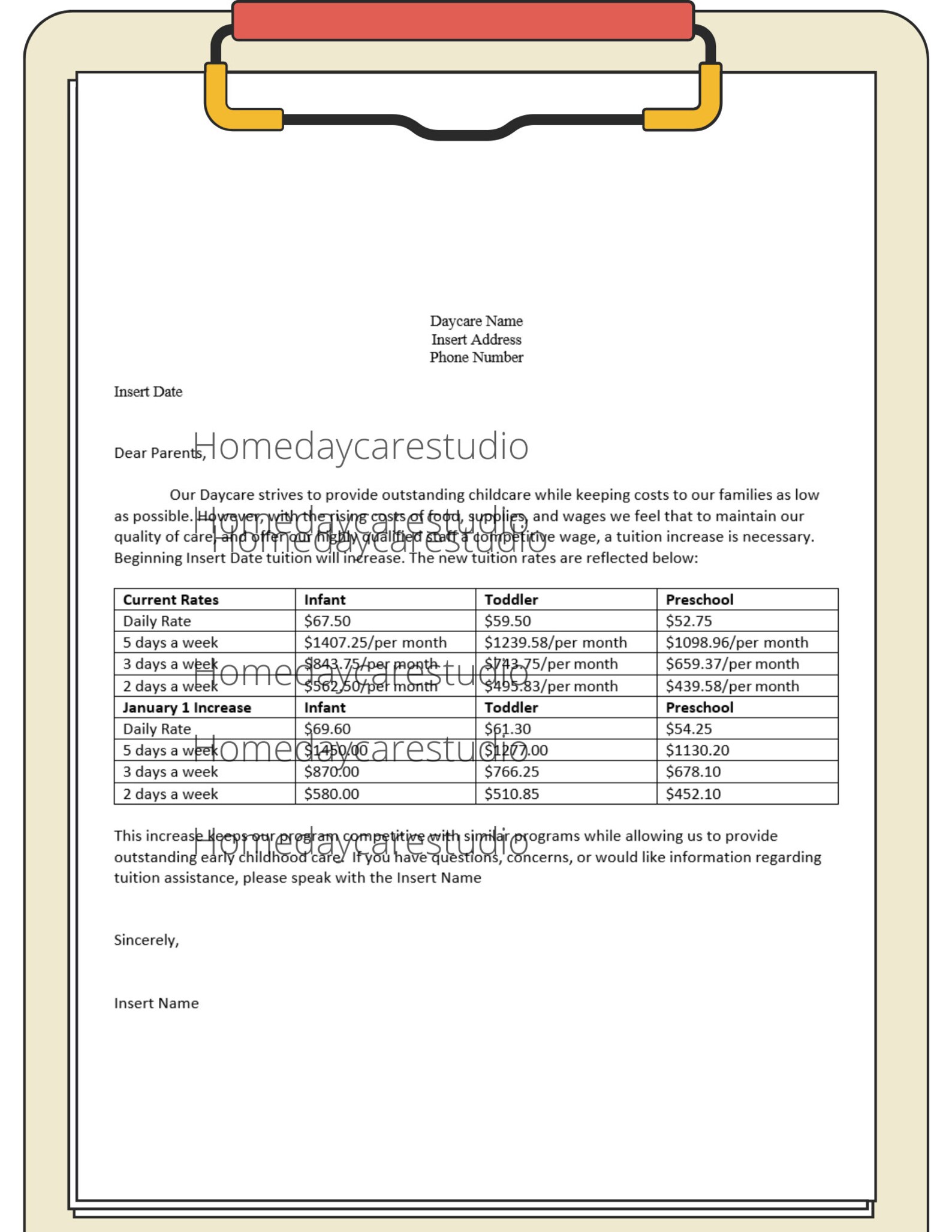 Daycare Rate Increase Letter Childcare Rate Increase Letter Etsy
