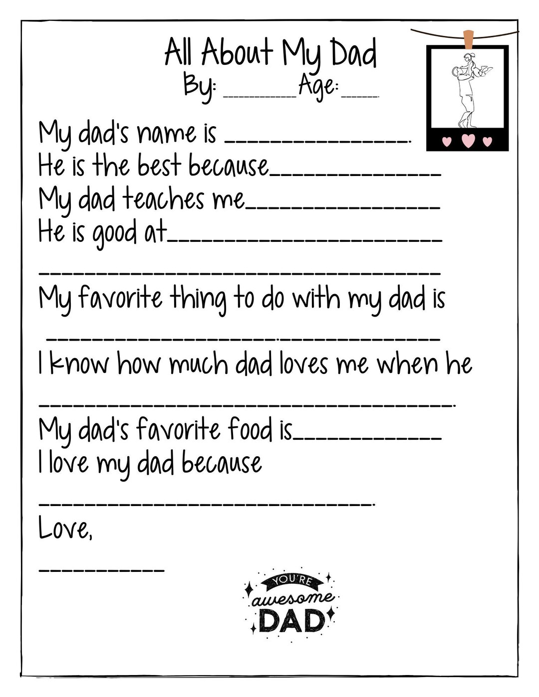 All About Dad. Custom Fathers Day Worksheet - Etsy