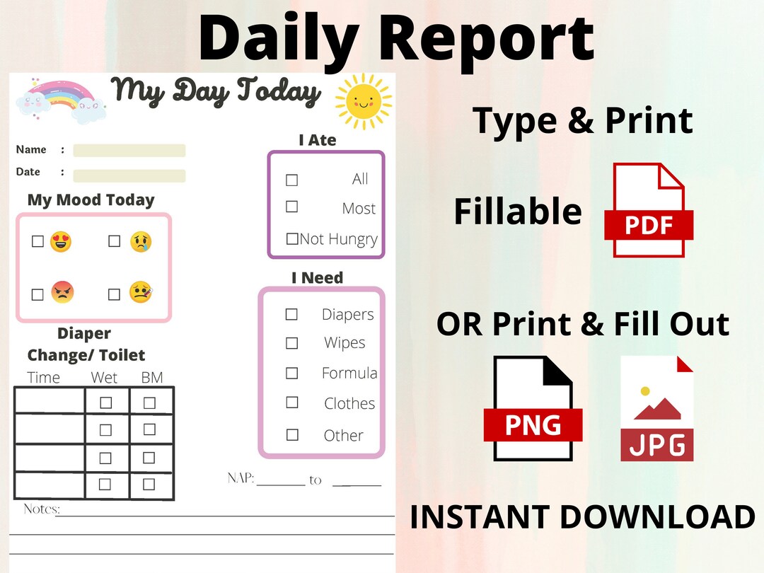 Daily Report Form for Daycare, Childcare or Preschool, Easy to Use, PDF ...