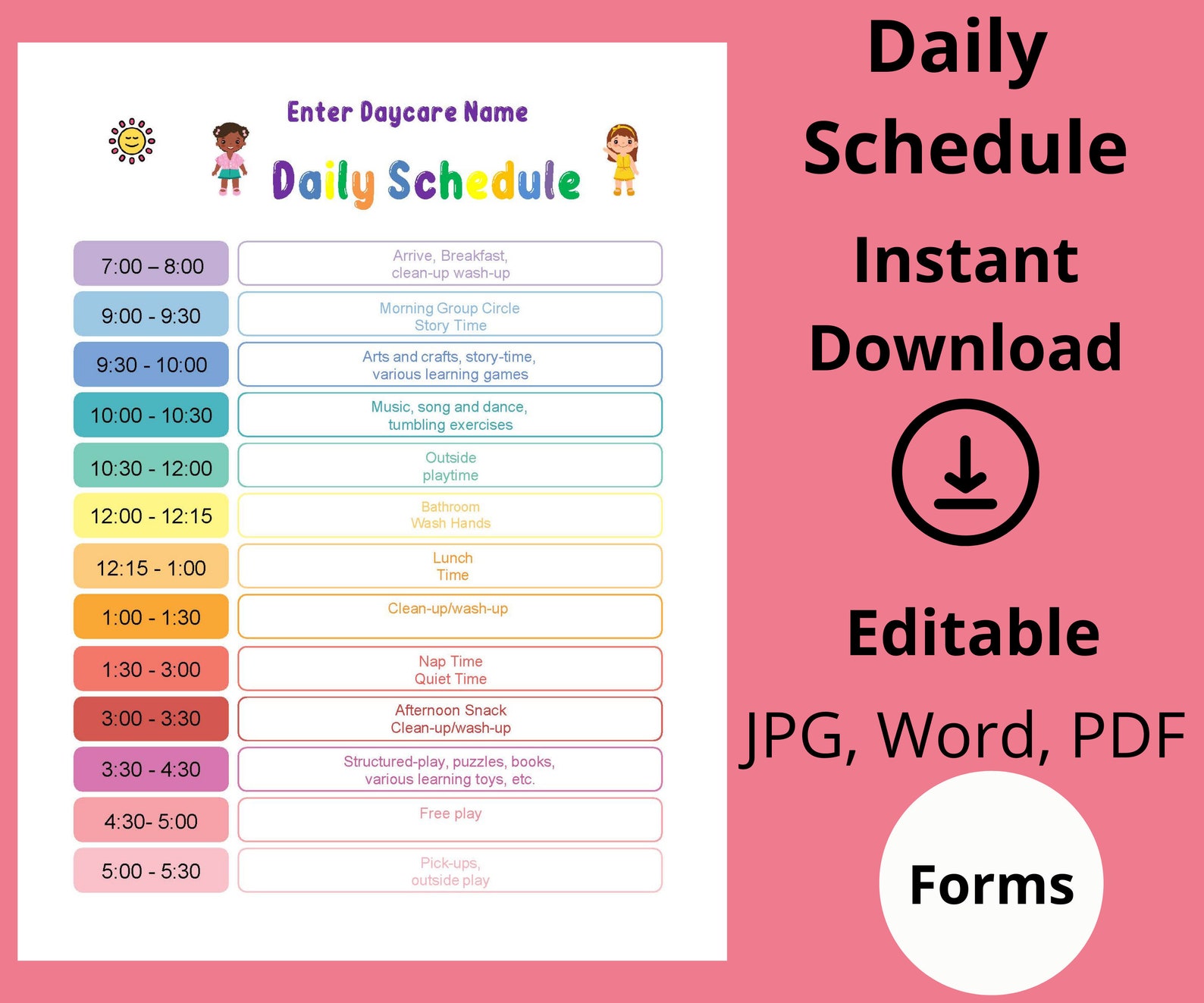 Daycare Schedule, Child Care Schedule, Editable Schedule, Daycare Forms ...