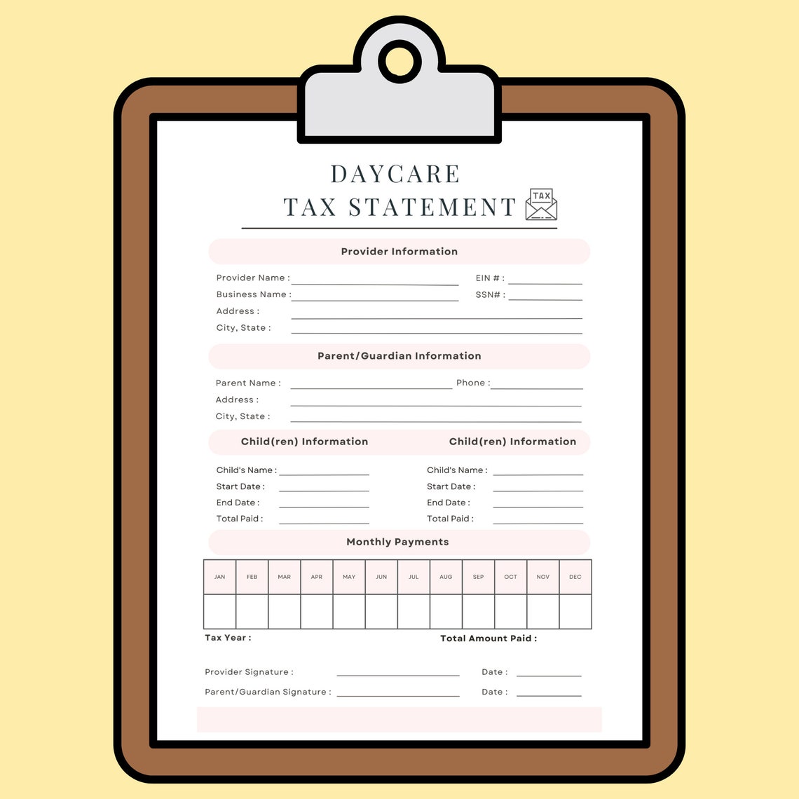 Childcare Tax Information Template Printable Family Tax - Etsy