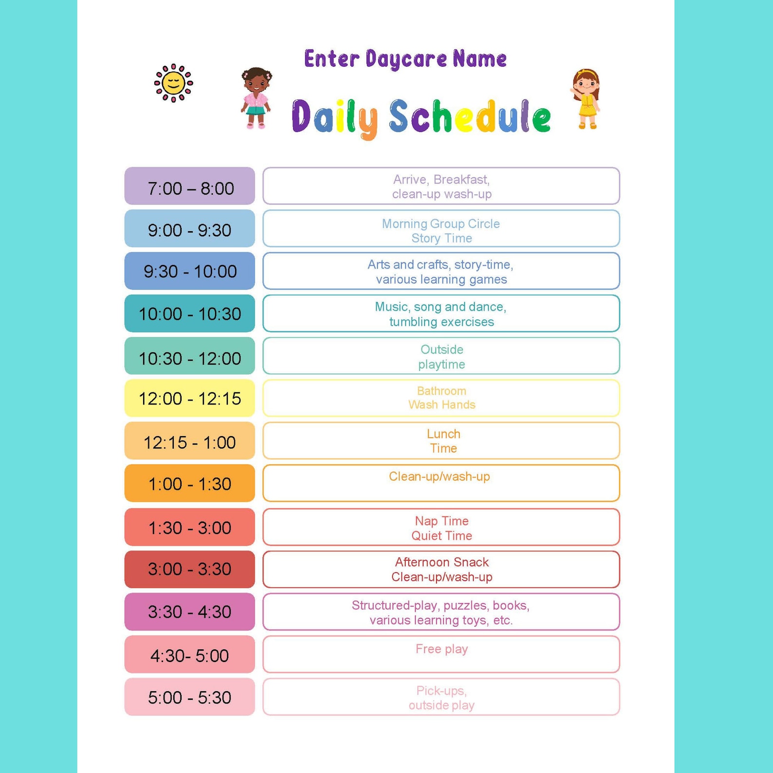 Daycare Schedule, Child Care Schedule, Editable Schedule, Daycare Forms ...
