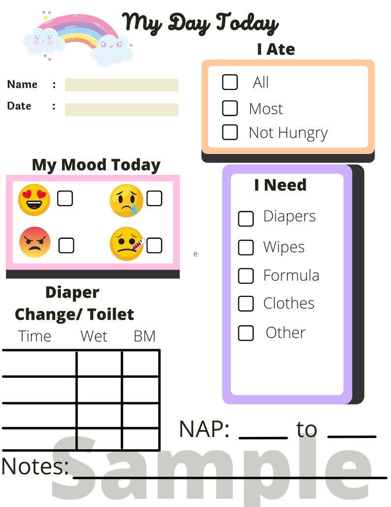 Daily Report Form for Daycare, Childcare or Preschool, Easy to Use, PDF ...