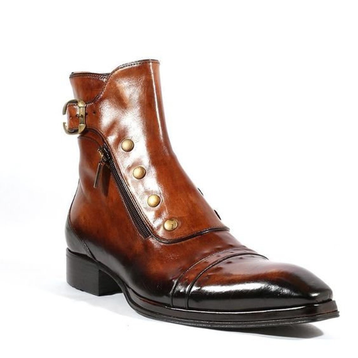 Men's Hand Patina Dark Brown Genuine Leather Ankle High Long Boots ...