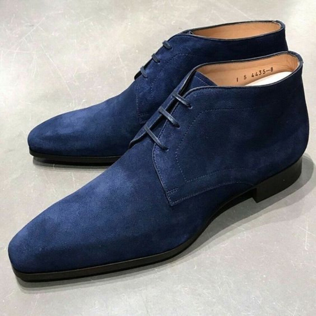 Navy Blue Genuine Suede Pure Handmade Ankle High Chukka Boots for Men's ...