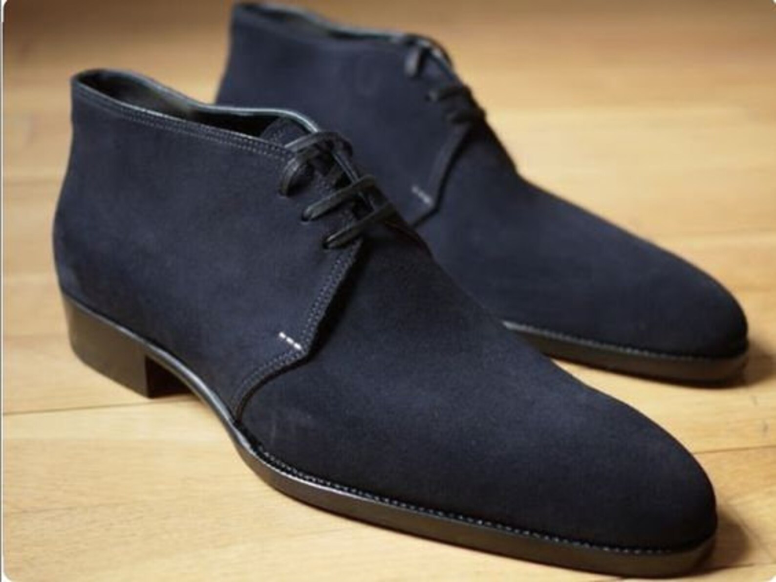 Navy Blue Genuine Suede Pure Handmade Ankle High Chukka Boots for Men's ...