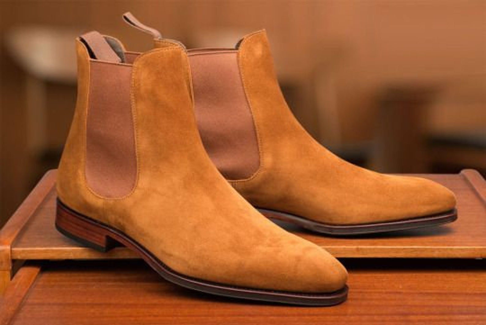 Handmade Genuine Tan Suede Leather Ankle High Chelsea Boots Men's Ankle ...