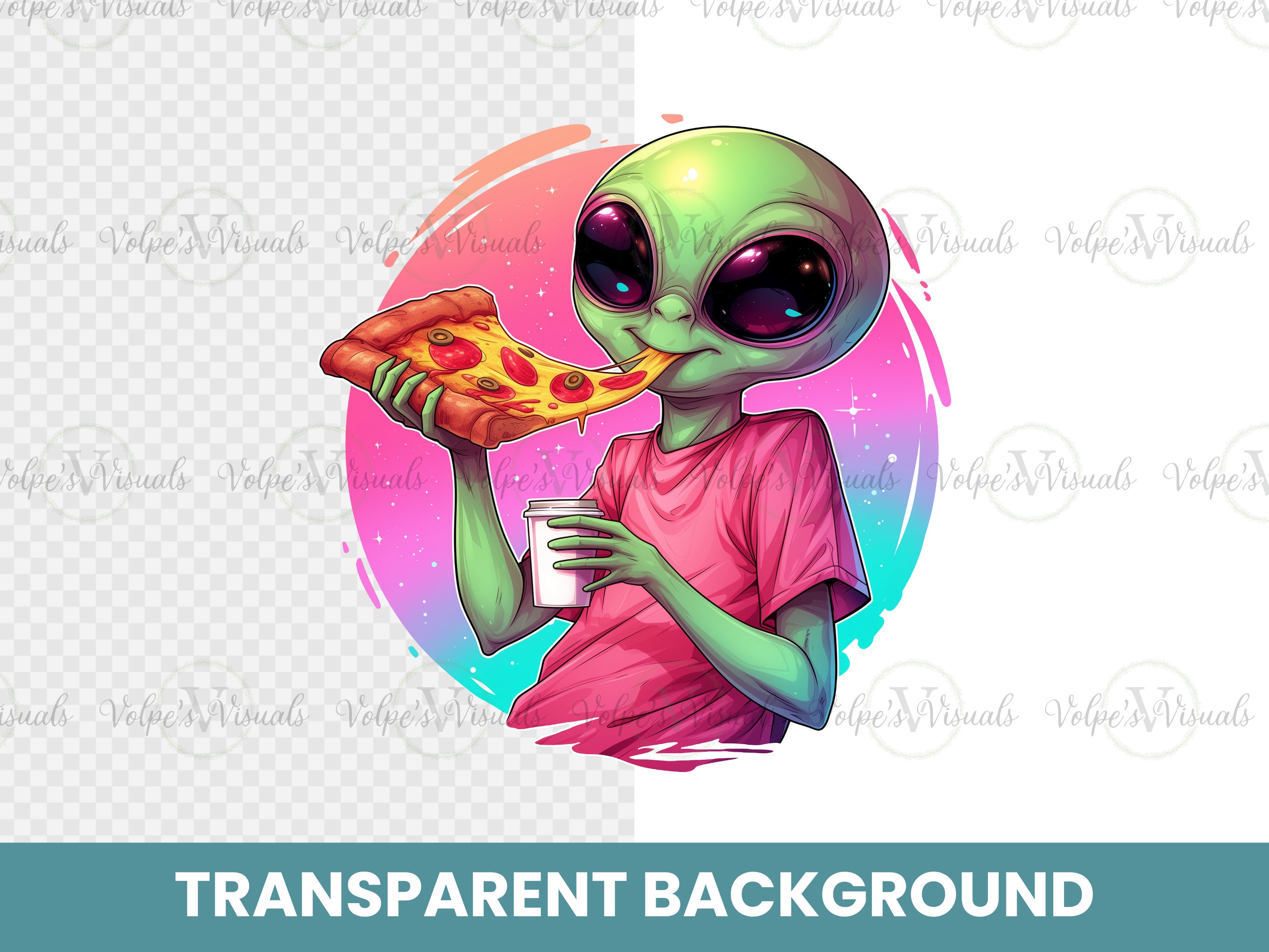 Cute Alien Eating Pizza Clipart, Cartoon Galaxy Pizza Lover Alien PNG ...