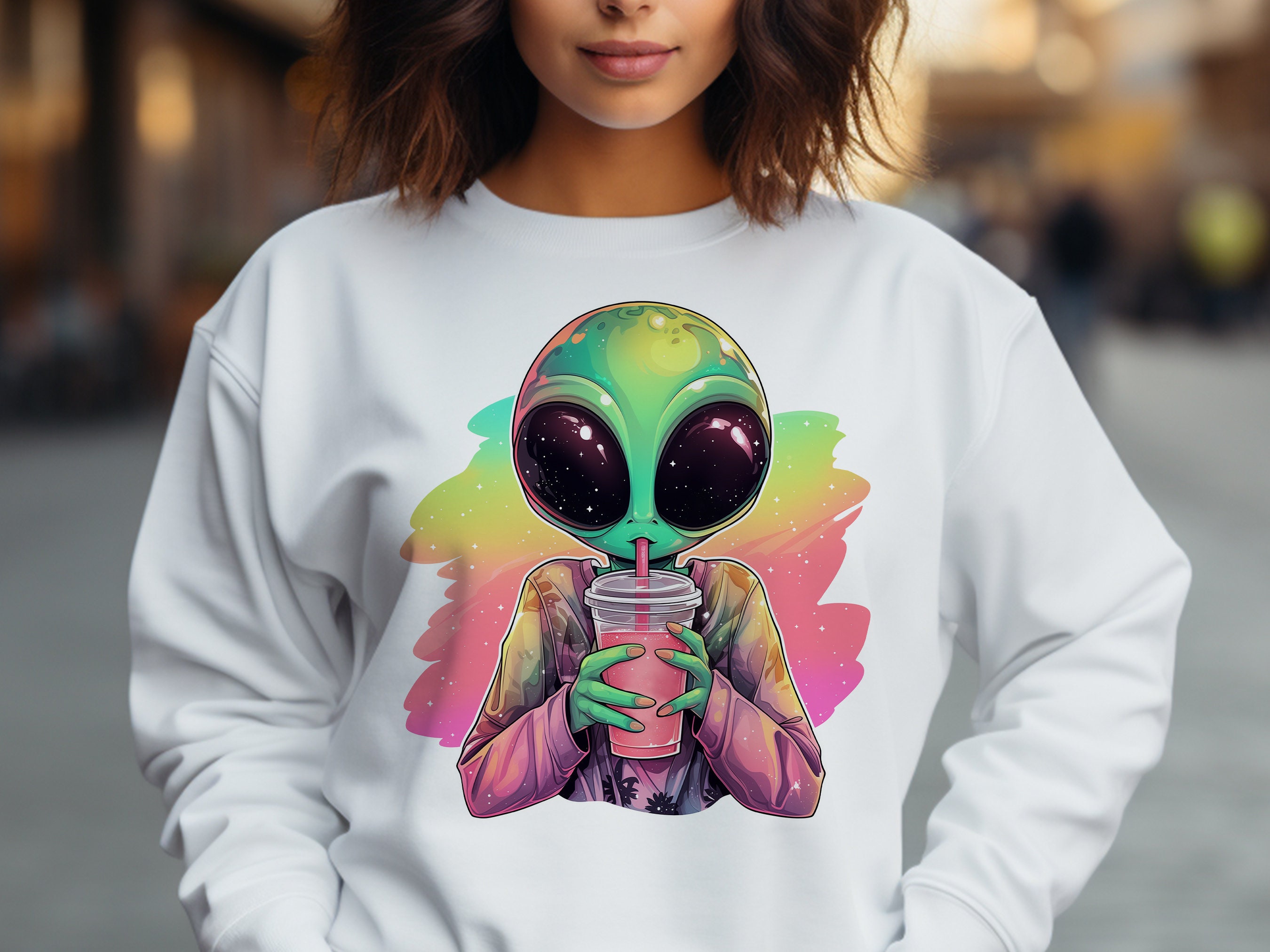 Cute Alien Drinking Coffee Clipart - Cartoon Galaxy Alien PNG - Digital ...