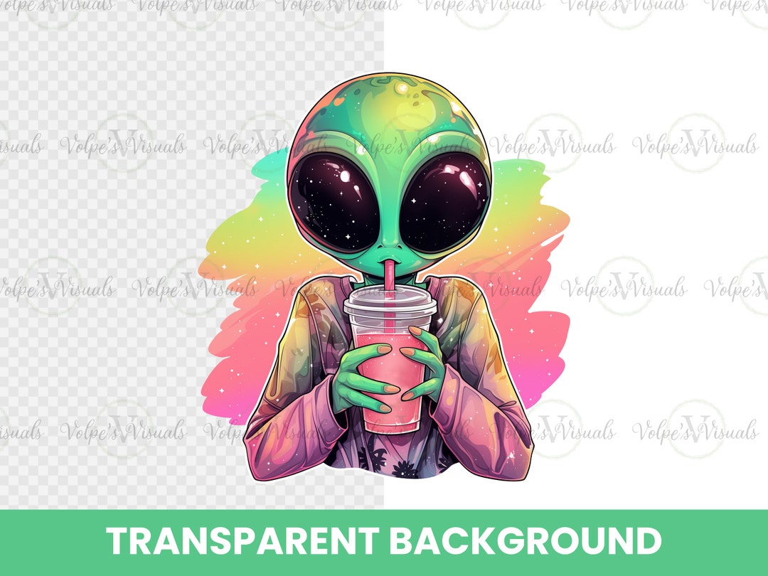 Cute Alien Drinking Coffee Clipart - Cartoon Galaxy Alien PNG - Digital ...