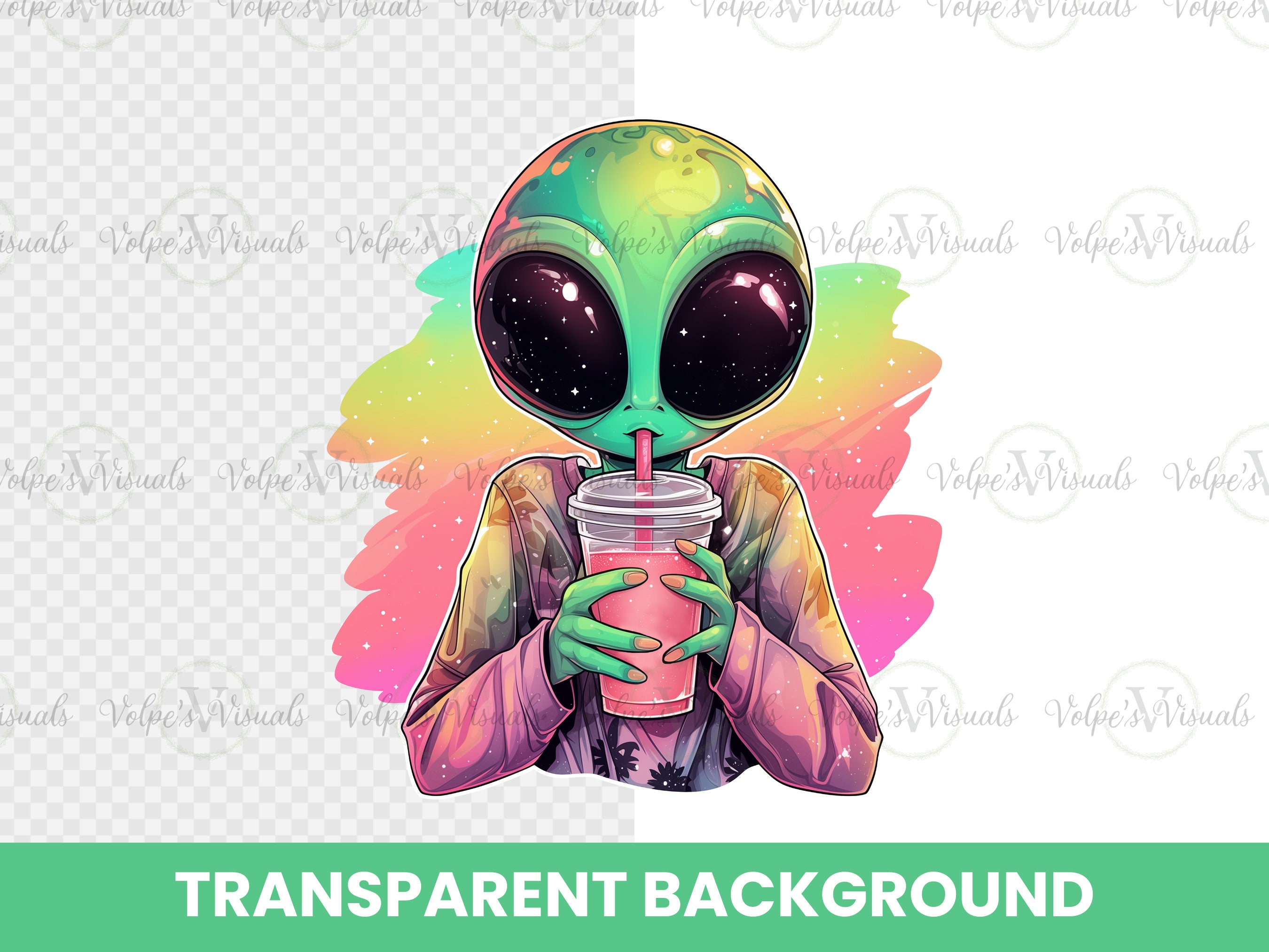 Cute Alien Drinking Coffee Clipart - Cartoon Galaxy Alien PNG - Digital ...