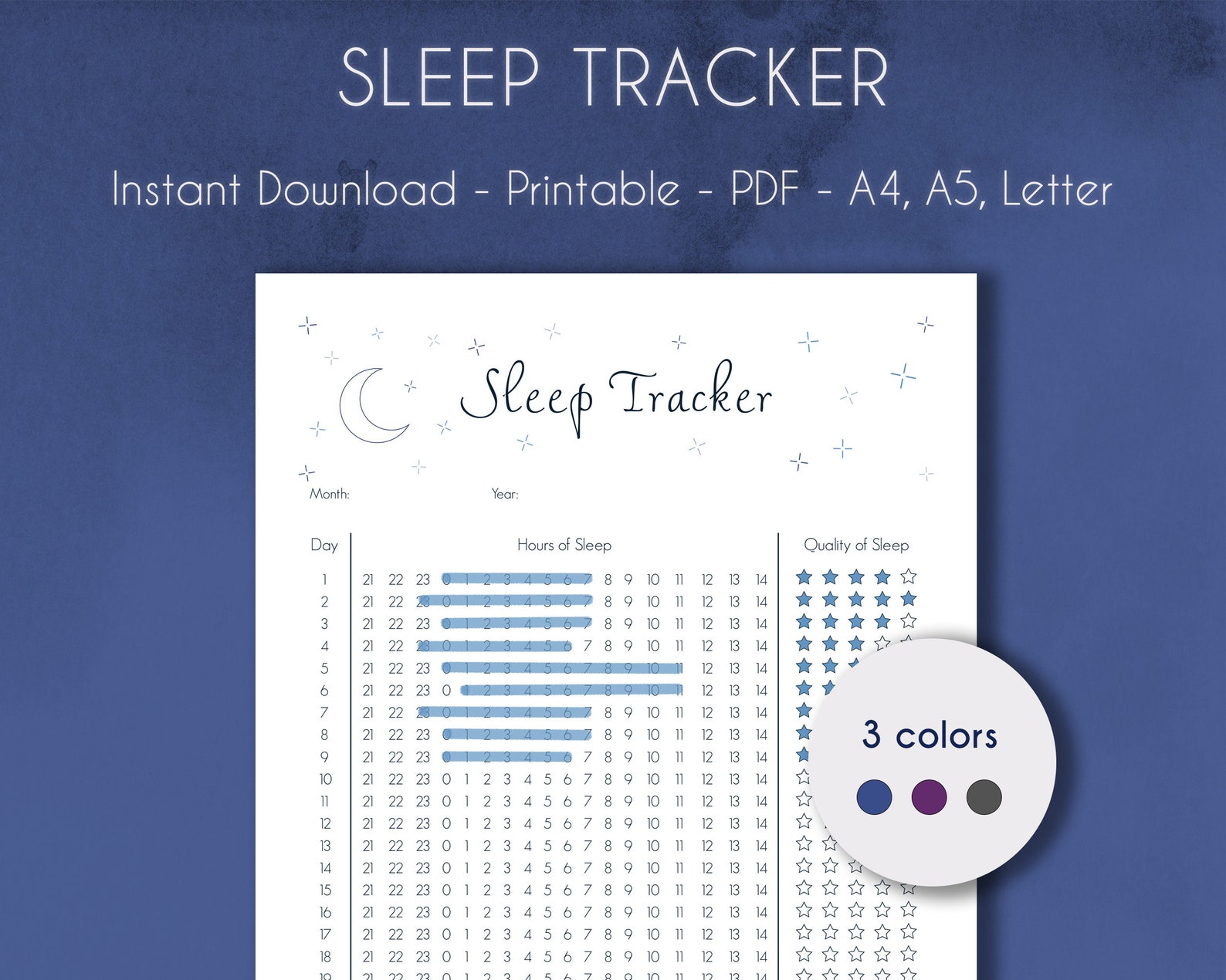Sleep Tracker PRINTABLE Moon and Stars Sleep Journal Monthly Sleep ...