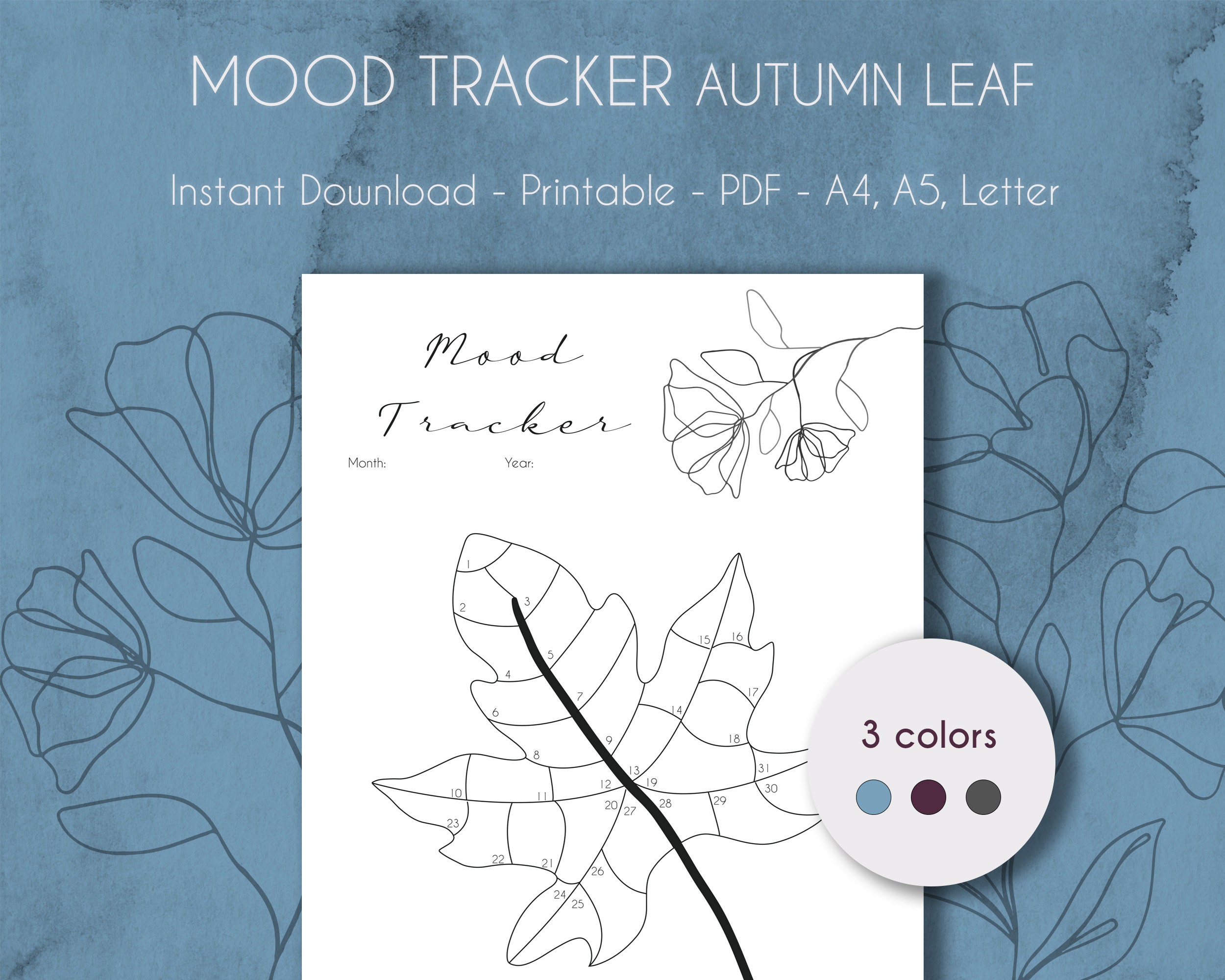 Mood Tracker Autumn Leaf PRINTABLE Line Art Flower Mood Chart A4, A5 ...