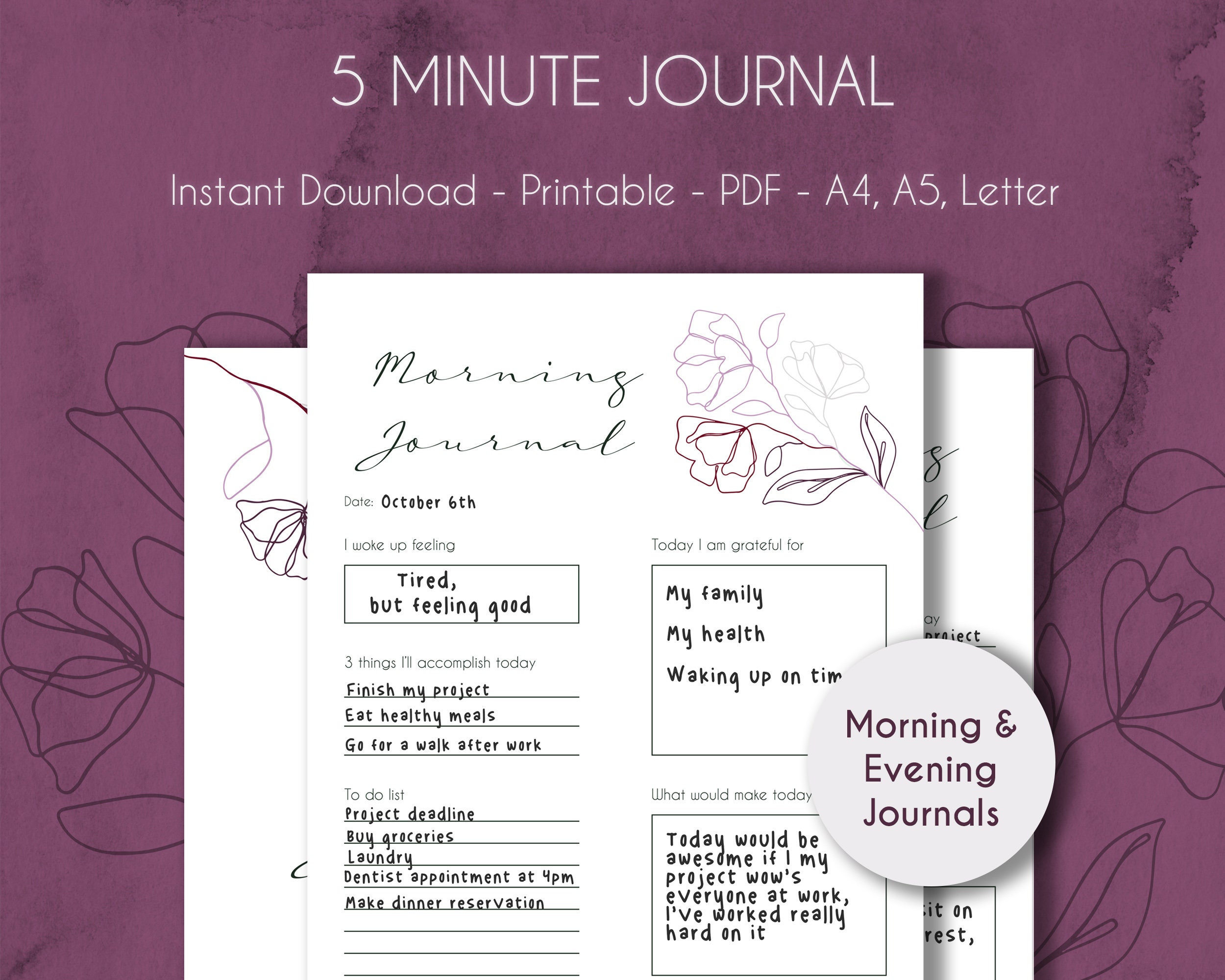 5 Minute Journal PRINTABLE Line Art Flowers | Morning and Evening ...