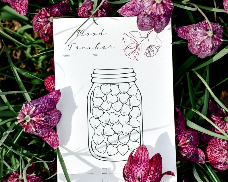 Mood Tracker Jar of Hearts PRINTABLE Line Art Flower Mood Chart A4, A5 ...