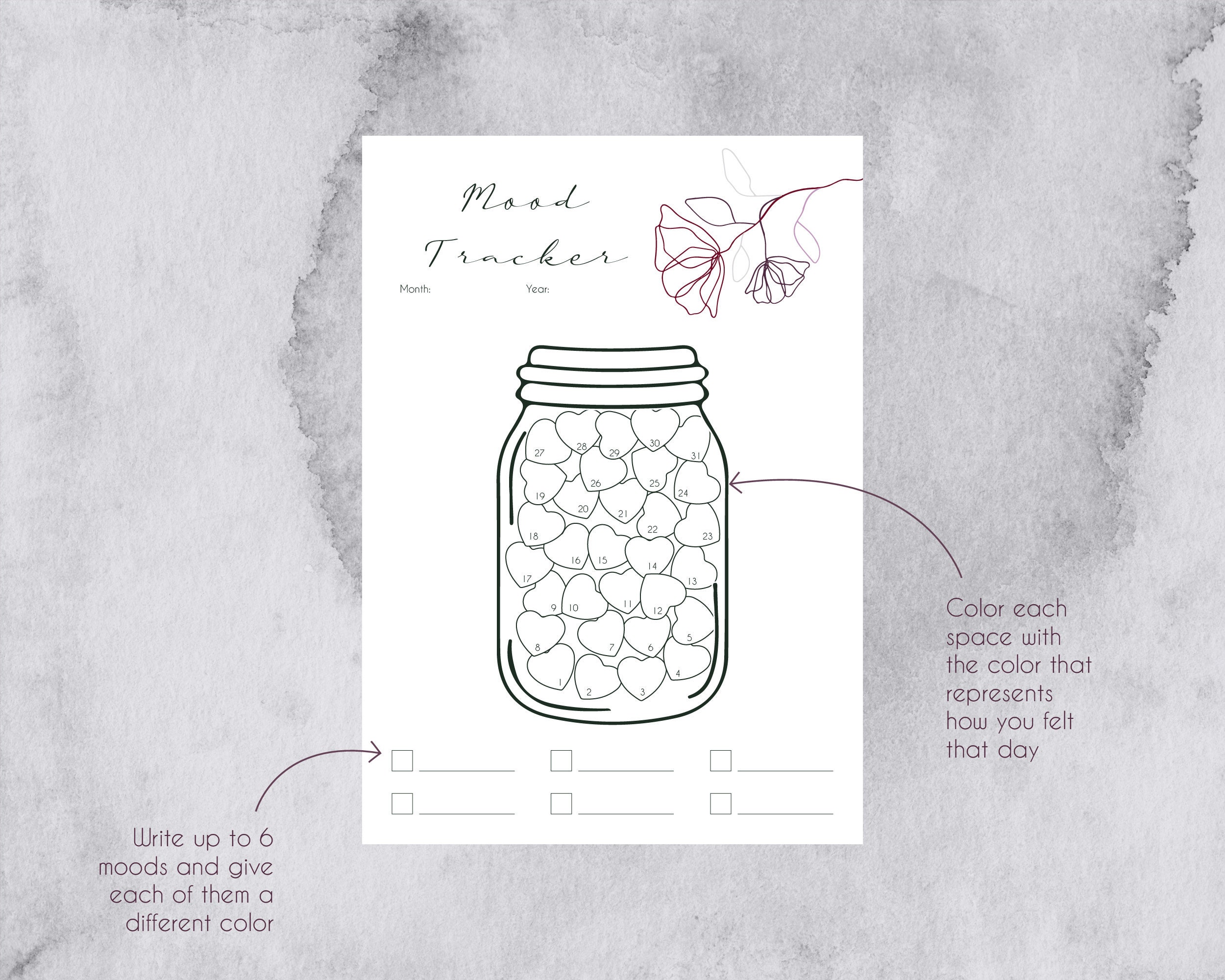 Mood Tracker Jar of Hearts PRINTABLE Line Art Flower Mood - Etsy