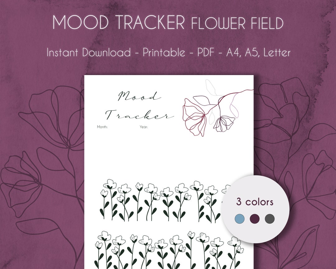 Mood Tracker Flower Field PRINTABLE Line Art Flower Mood Chart A4, A5 ...