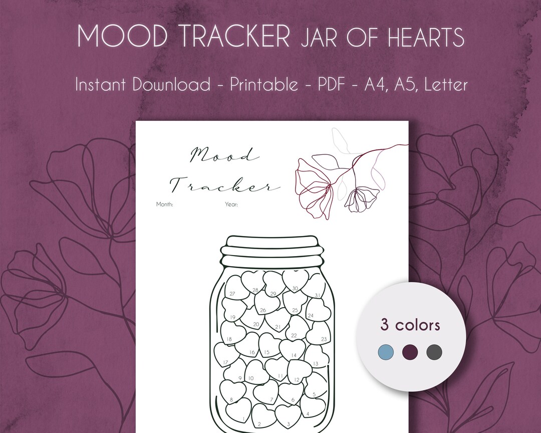 Mood Tracker Jar of Hearts PRINTABLE Line Art Flower Mood Chart A4, A5 ...