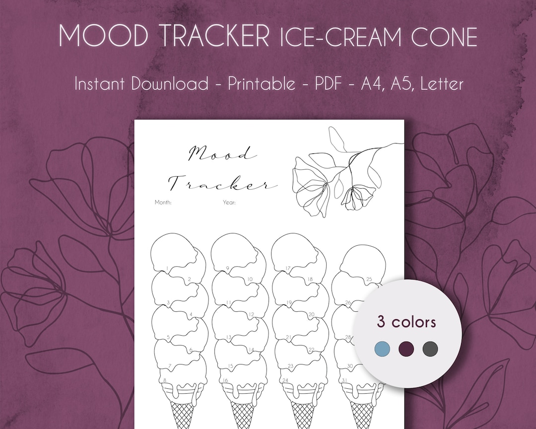 Mood Tracker Ice Cream Cones PRINTABLE Line Art Flower Mood Chart A4 ...