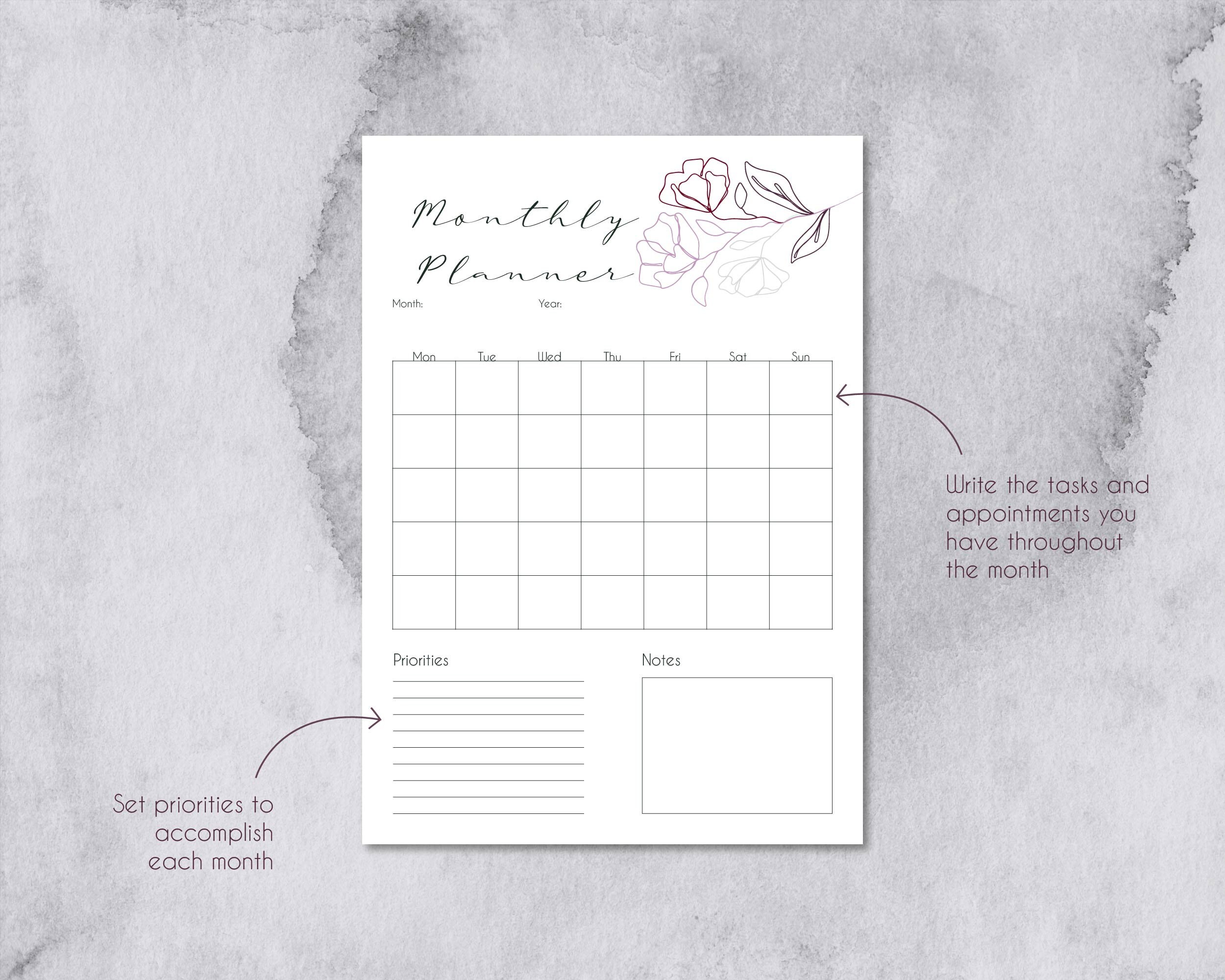 Monthly Planner PRINTABLE Line Art Flower Undated Printable - Etsy