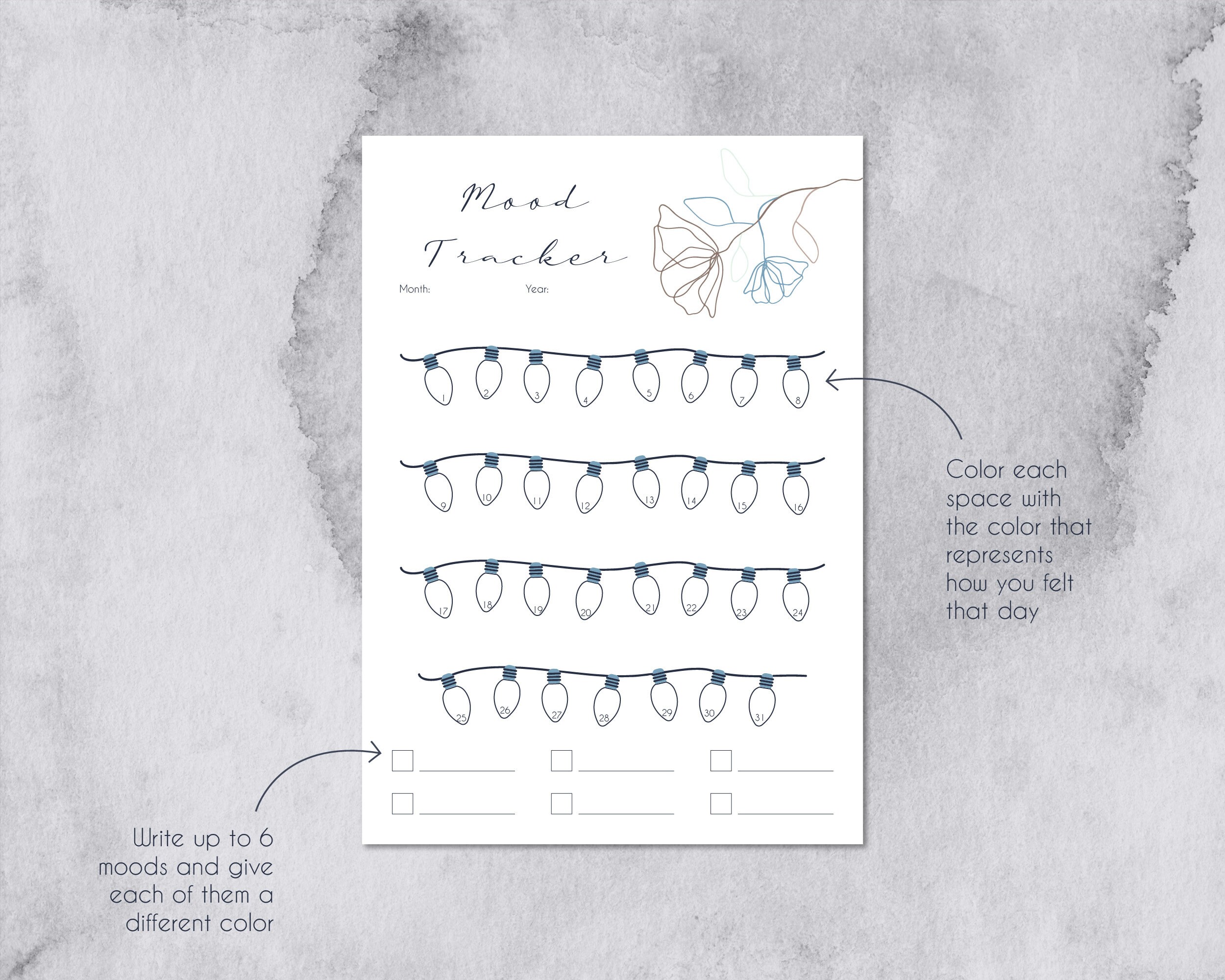 Mood Tracker Christmas Lights PRINTABLE Line Art Flower Mood - Etsy