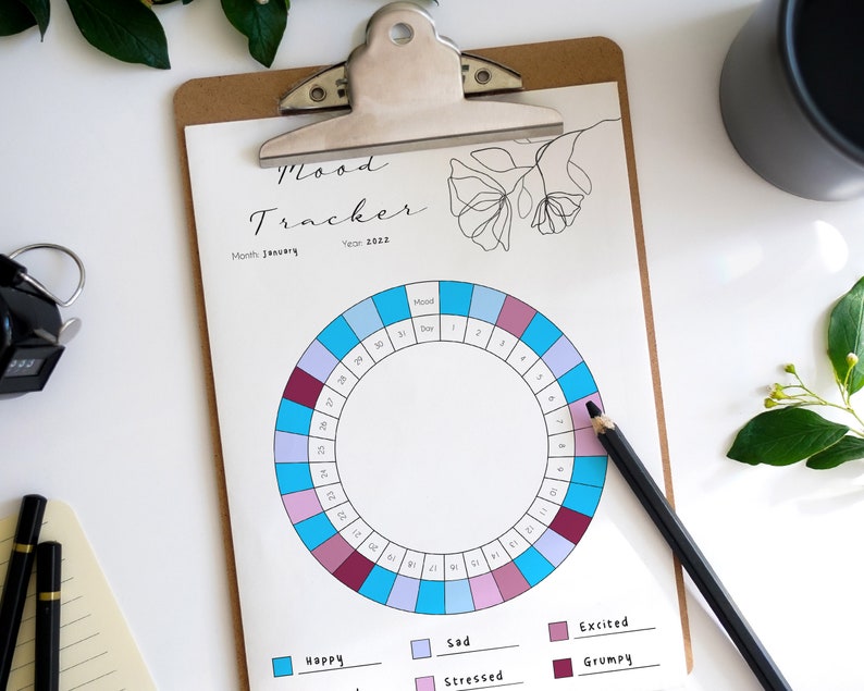 Circular Mood Tracker PRINTABLE Line Art Flower Mental Health Chart A4 ...