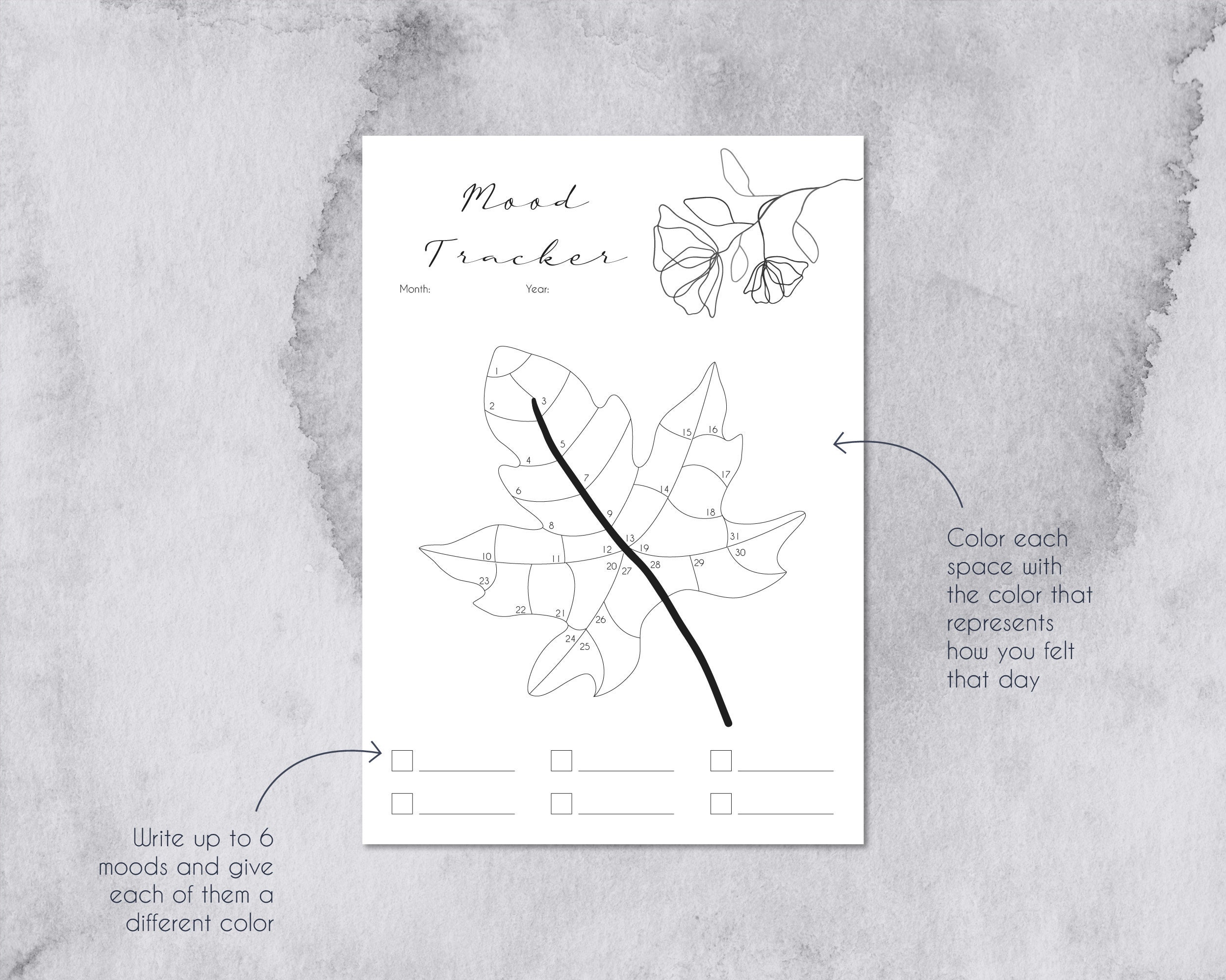 Mood Tracker Autumn Leaf PRINTABLE Line Art Flower Mood Chart A4, A5 ...