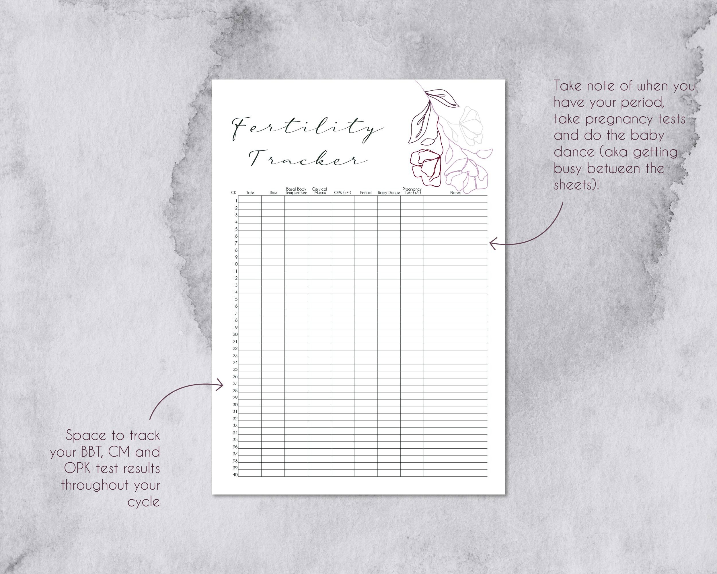 Fertility Tracker PRINTABLE Line Art Flower | TTC Tracker | A4, A5 ...