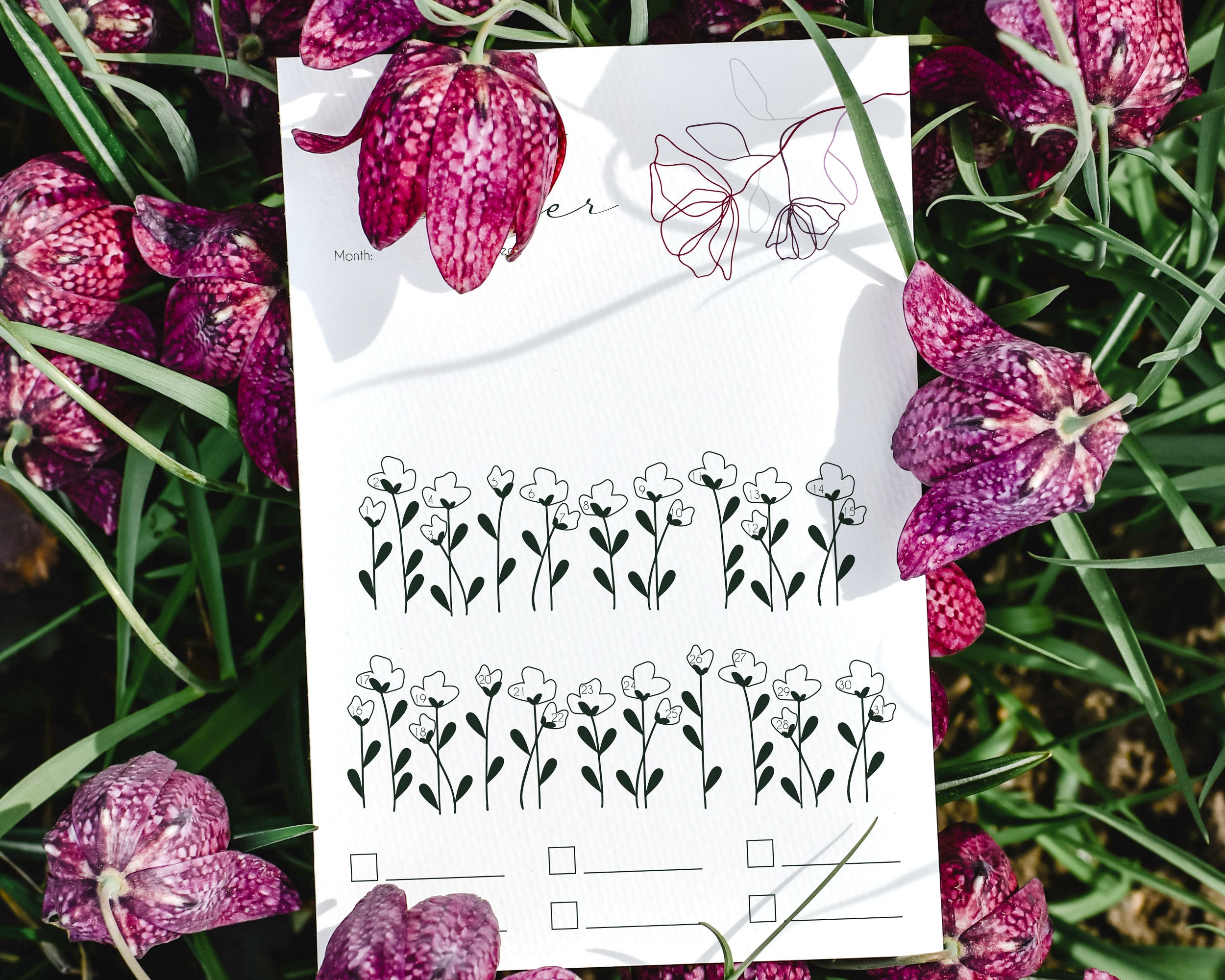 Mood Tracker Flower Field PRINTABLE Line Art Flower Mood Chart A4, A5 ...