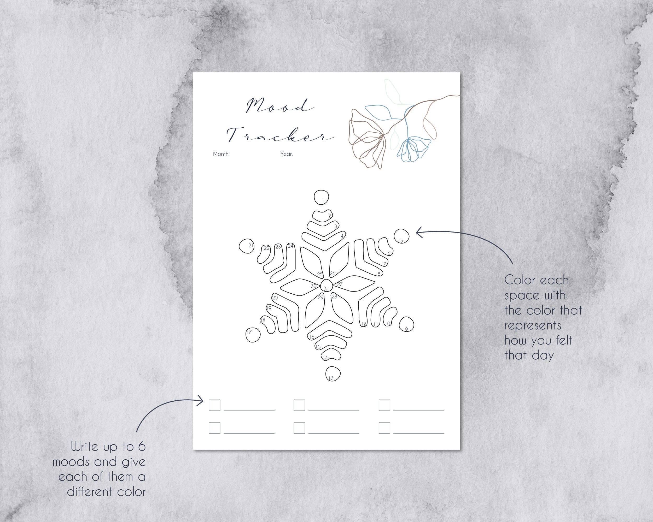 Mood Tracker Snowflake PRINTABLE Line Art Flower Mood Chart A4, A5 ...