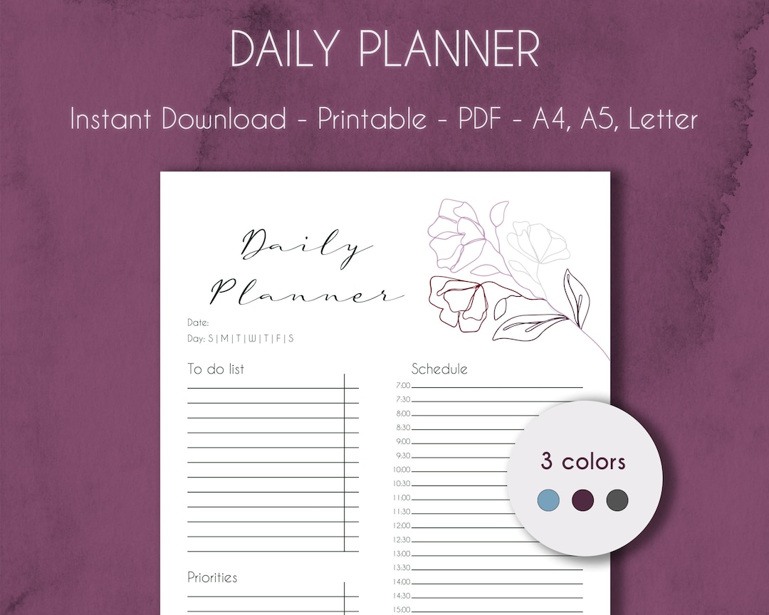 Daily Planner PRINTABLE Line Art Flowers| Undated Daily Schedule | A4 ...