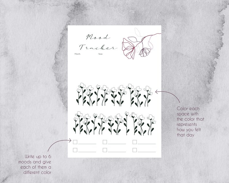 Mood Tracker Flower Field PRINTABLE Line Art Flower Mood Chart A4, A5 ...