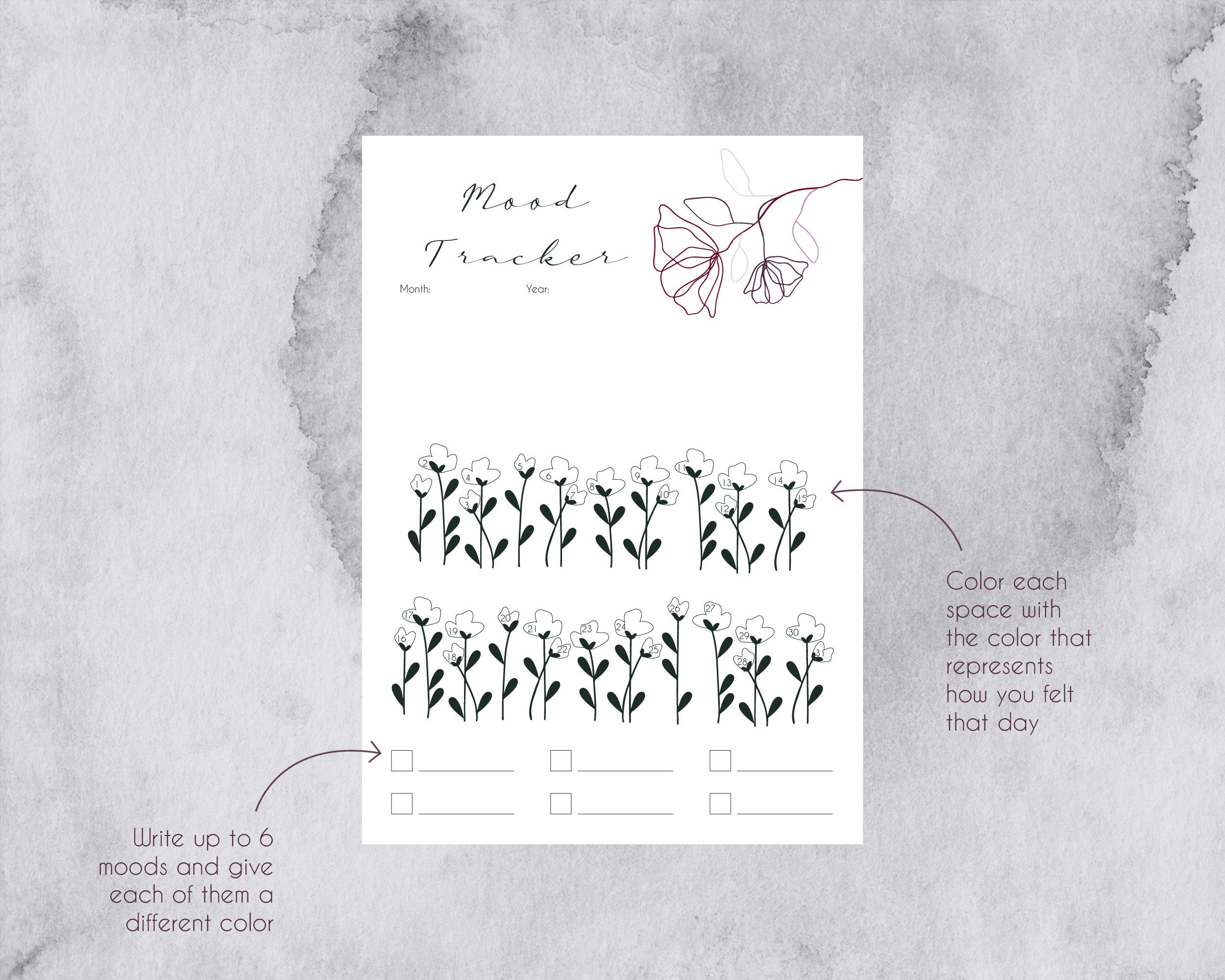 Mood Tracker Flower Field PRINTABLE Line Art Flower Mood Chart A4, A5 ...