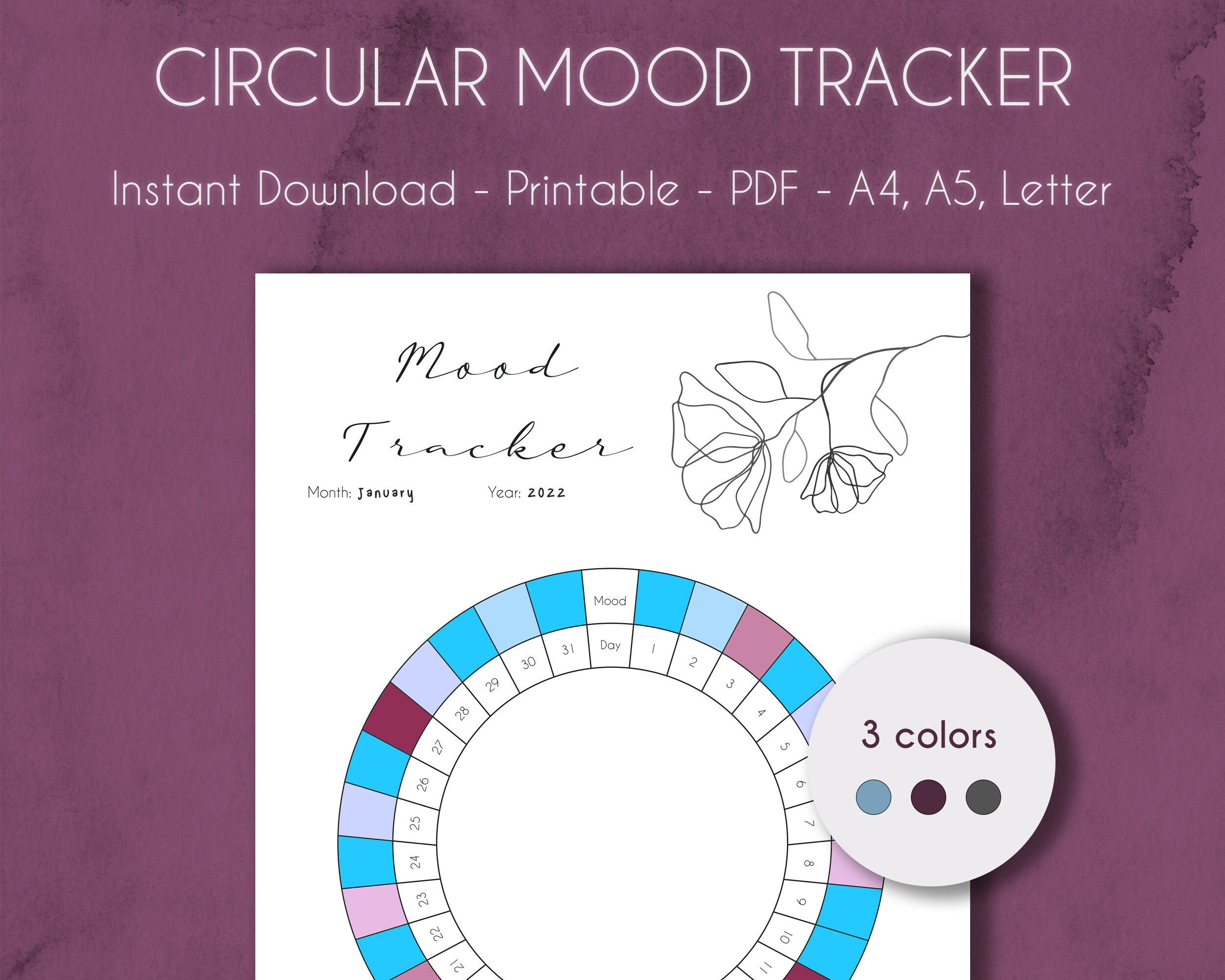 Circular Mood Tracker PRINTABLE Line Art Flower Mental Health Chart A4 ...