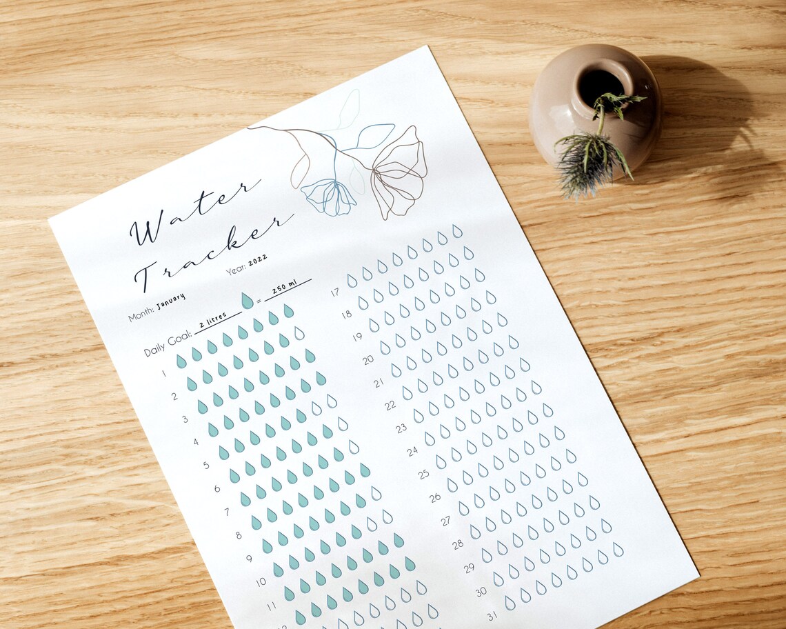 Water Tracker PRINTABLE Line Art Flower Monthly Water Intake A4, A5 ...