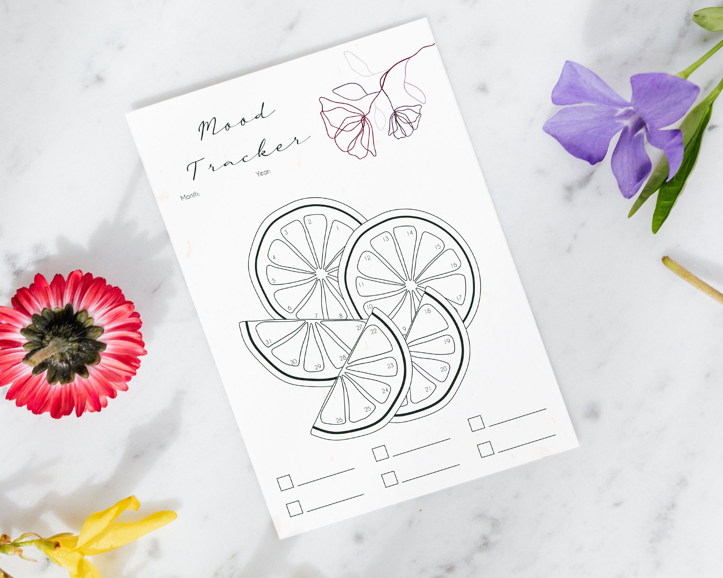 Mood Tracker Bundle PRINTABLE Line Art Flower| 12 Mood Charts| A4, A5 ...