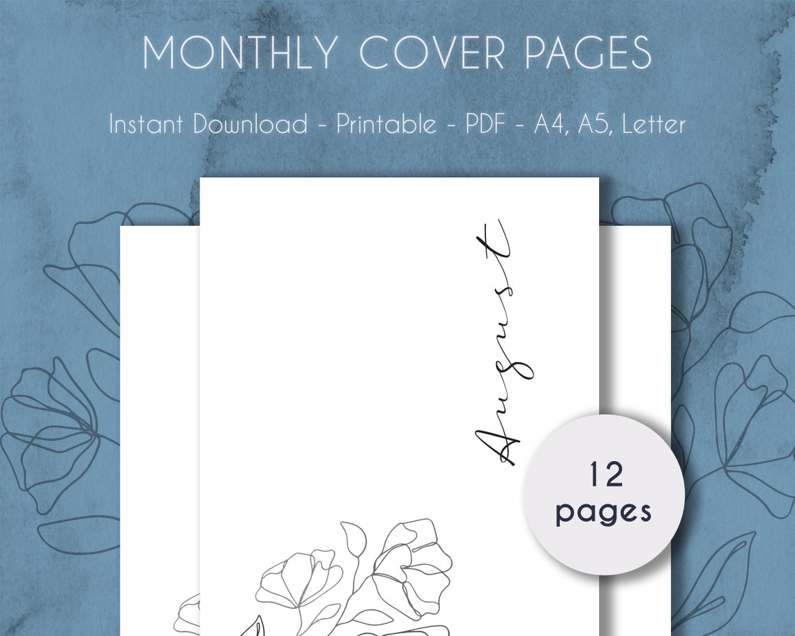 Monthly Cover Pages PRINTABLE Line Art Flower Bullet Journal and ...