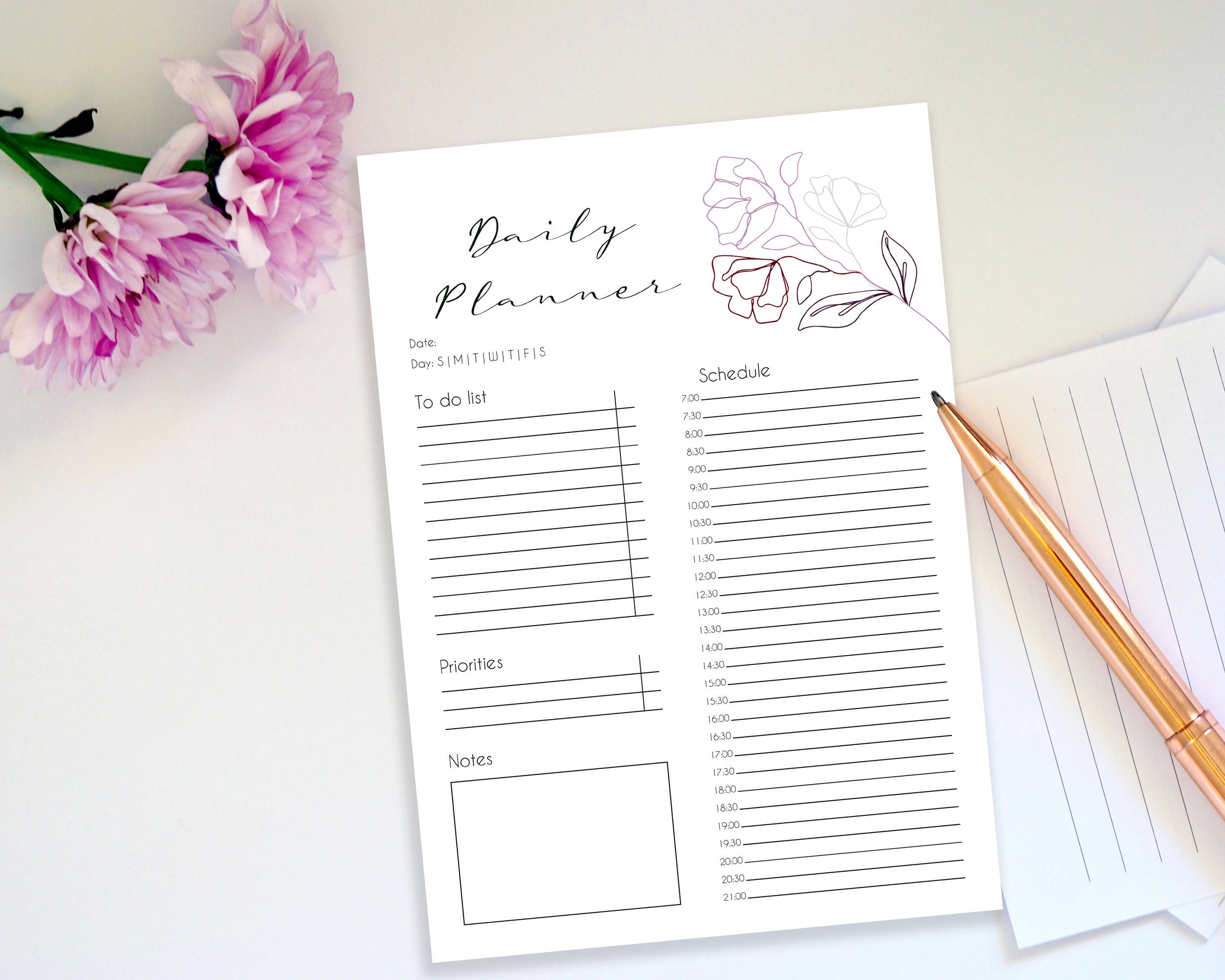 Daily Planner PRINTABLE Line Art Flowers Undated Daily - Etsy
