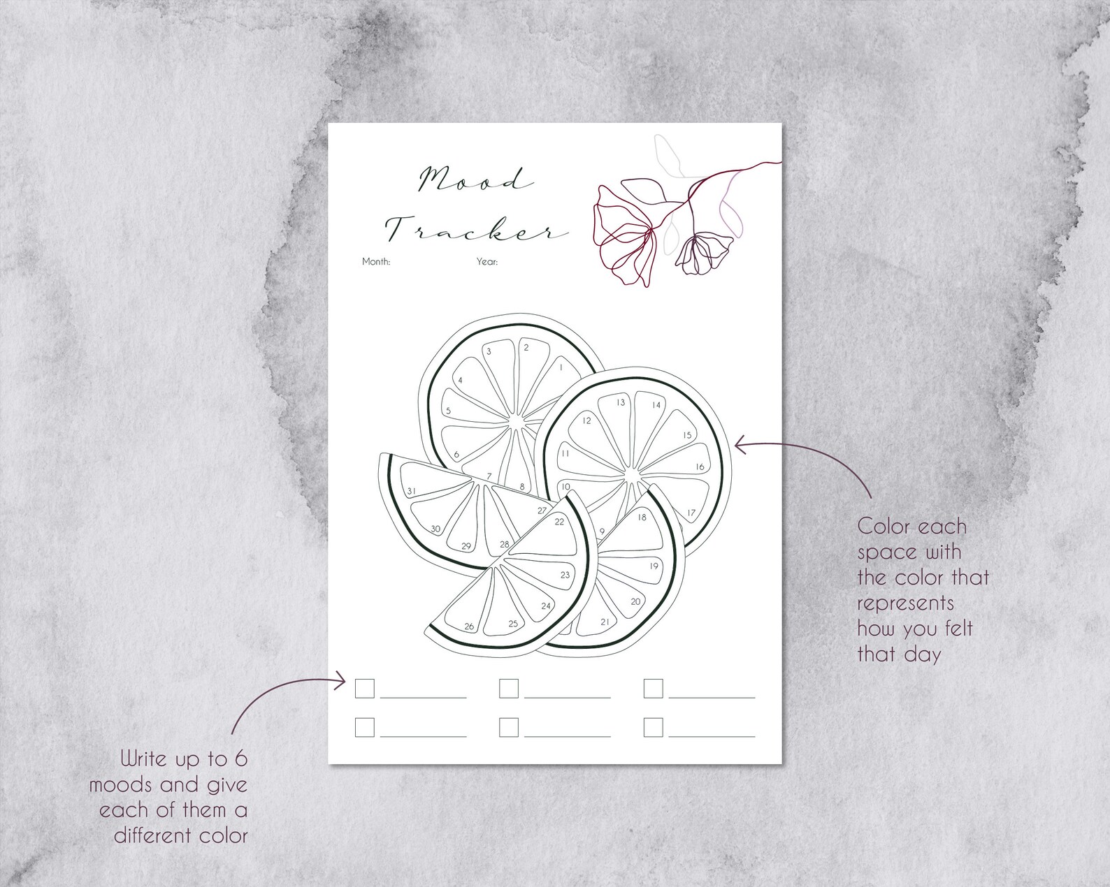 Mood Tracker Bundle PRINTABLE Line Art Flower| 12 Mood Charts| A4, A5 ...