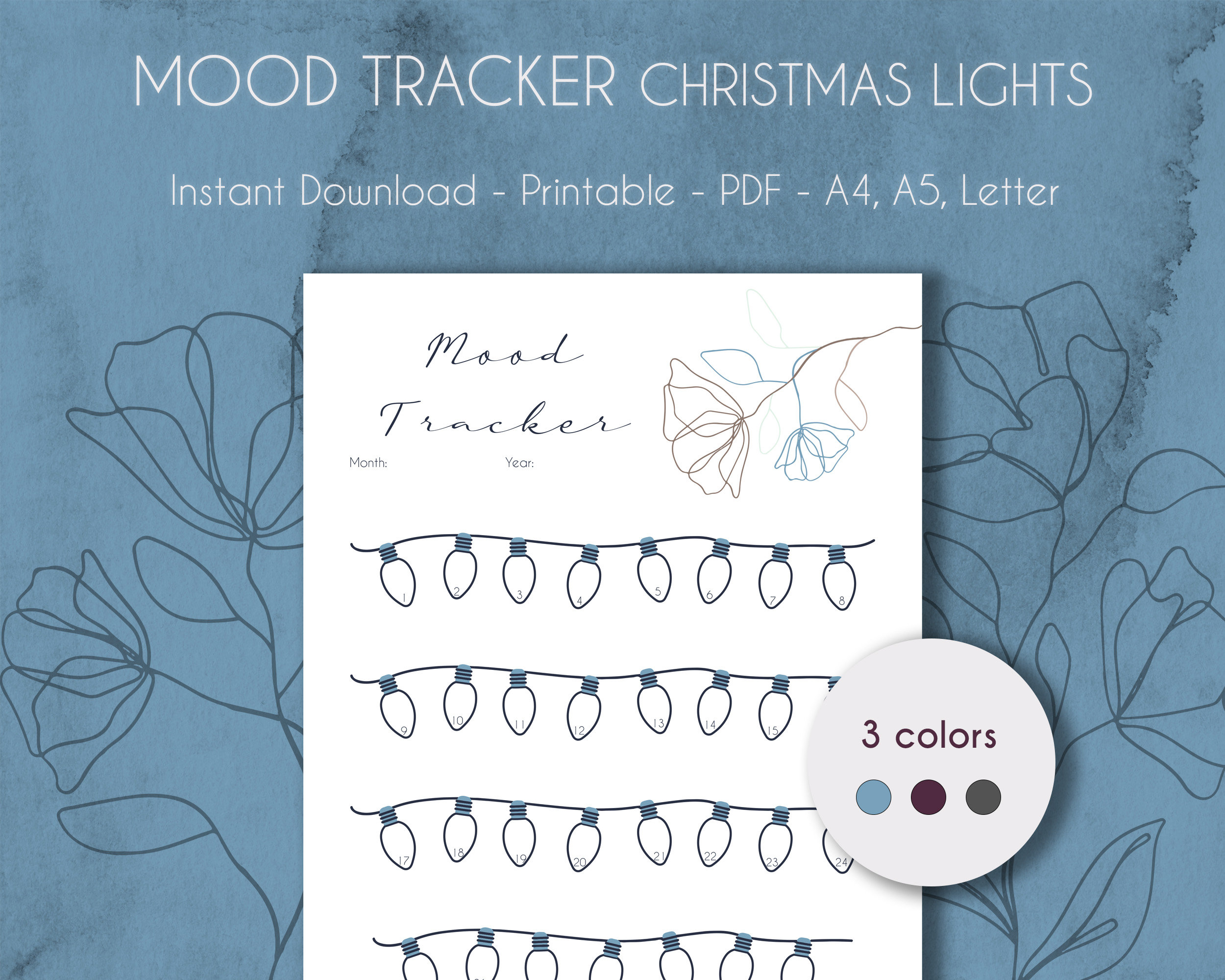 Mood Tracker Christmas Lights PRINTABLE Line Art Flower Mood - Etsy