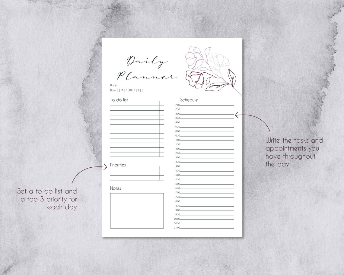 Daily Planner PRINTABLE Line Art Flowers Undated Daily - Etsy