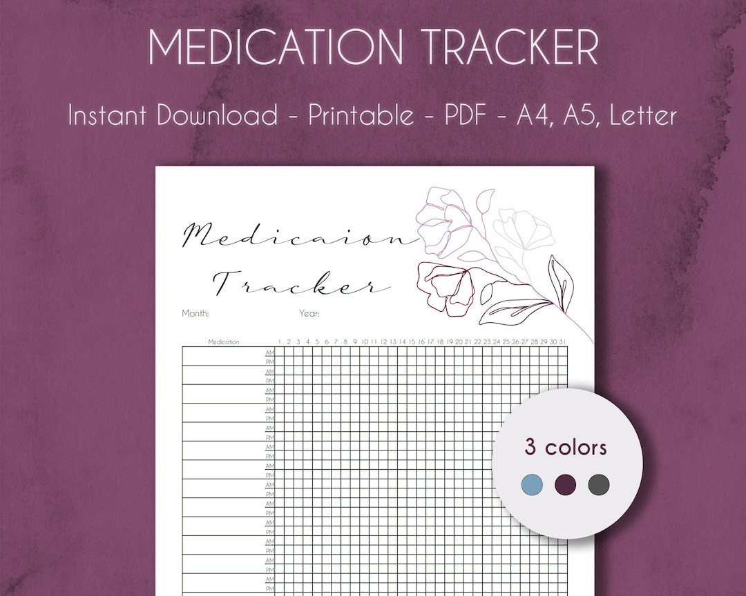 Medication Tracker PRINTABLE Line Art Flower Pill Log A4, A5 & Letter ...