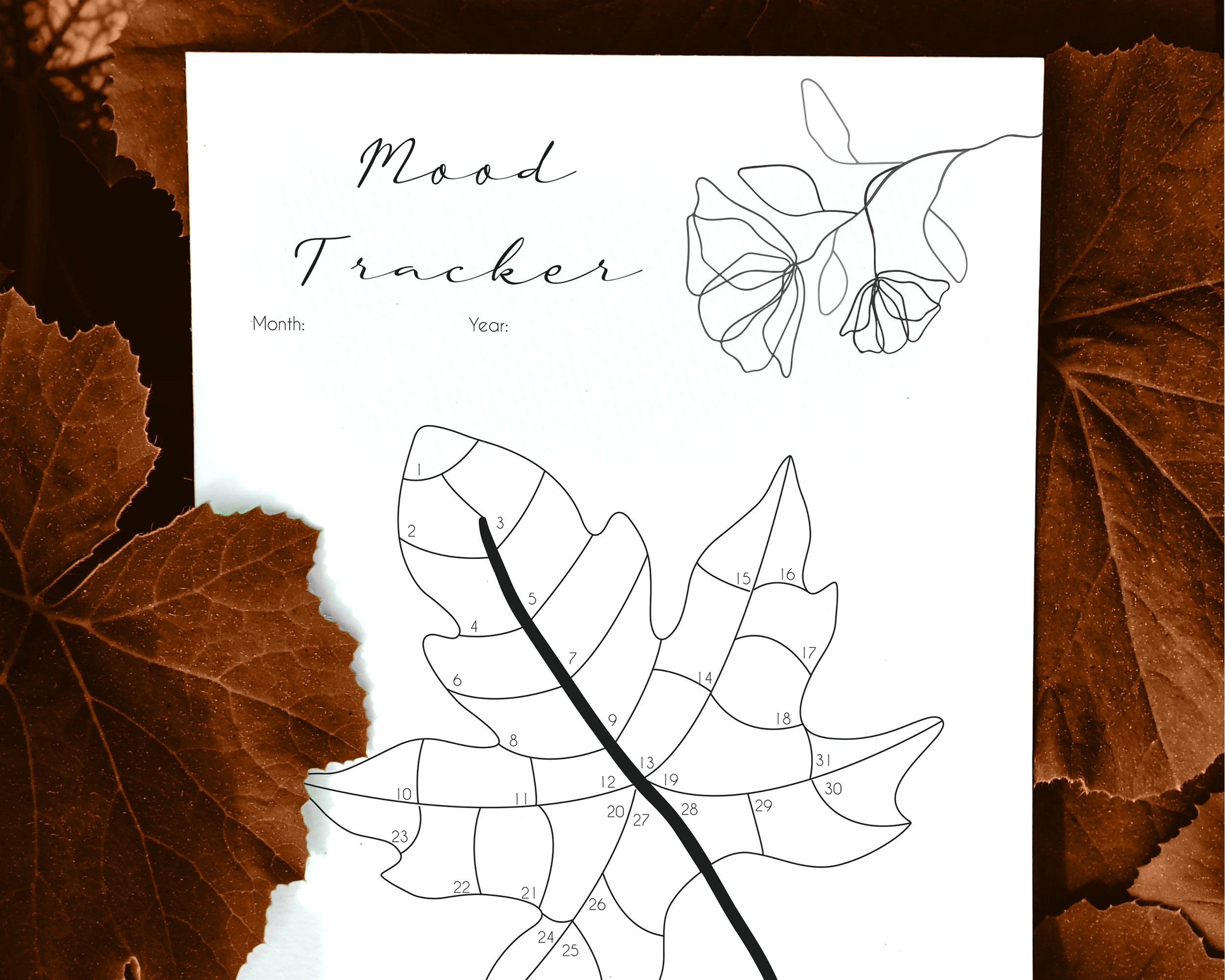Mood Tracker Autumn Leaf PRINTABLE Line Art Flower Mood Chart A4, A5 ...