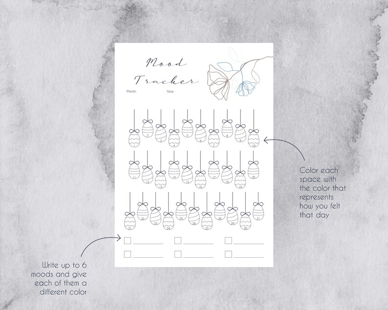 Mood Tracker Easter Eggs PRINTABLE Line Art Flower Mood Chart A4, A5 ...