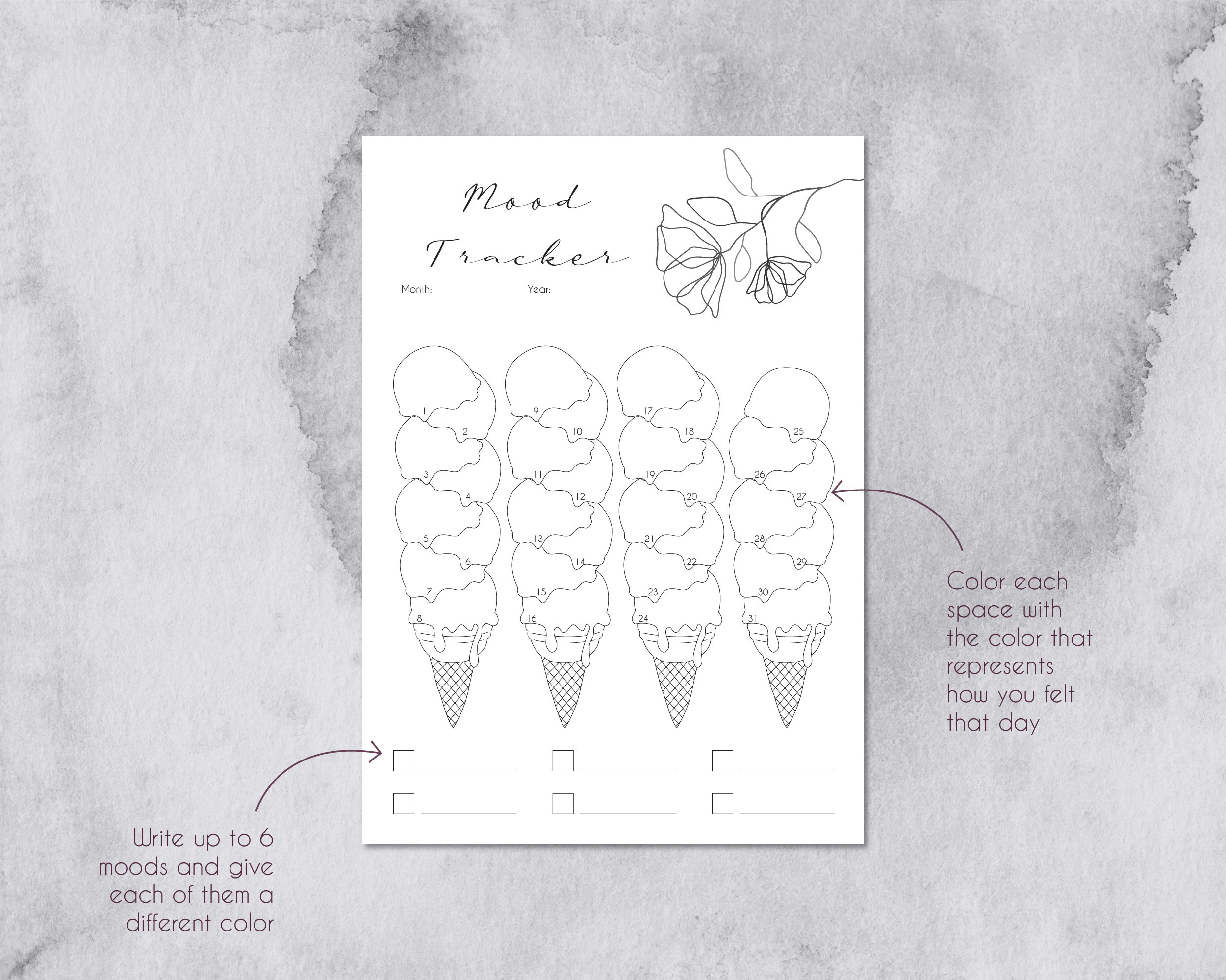 Mood Tracker Ice Cream Cones PRINTABLE Line Art Flower Mood Chart A4 ...
