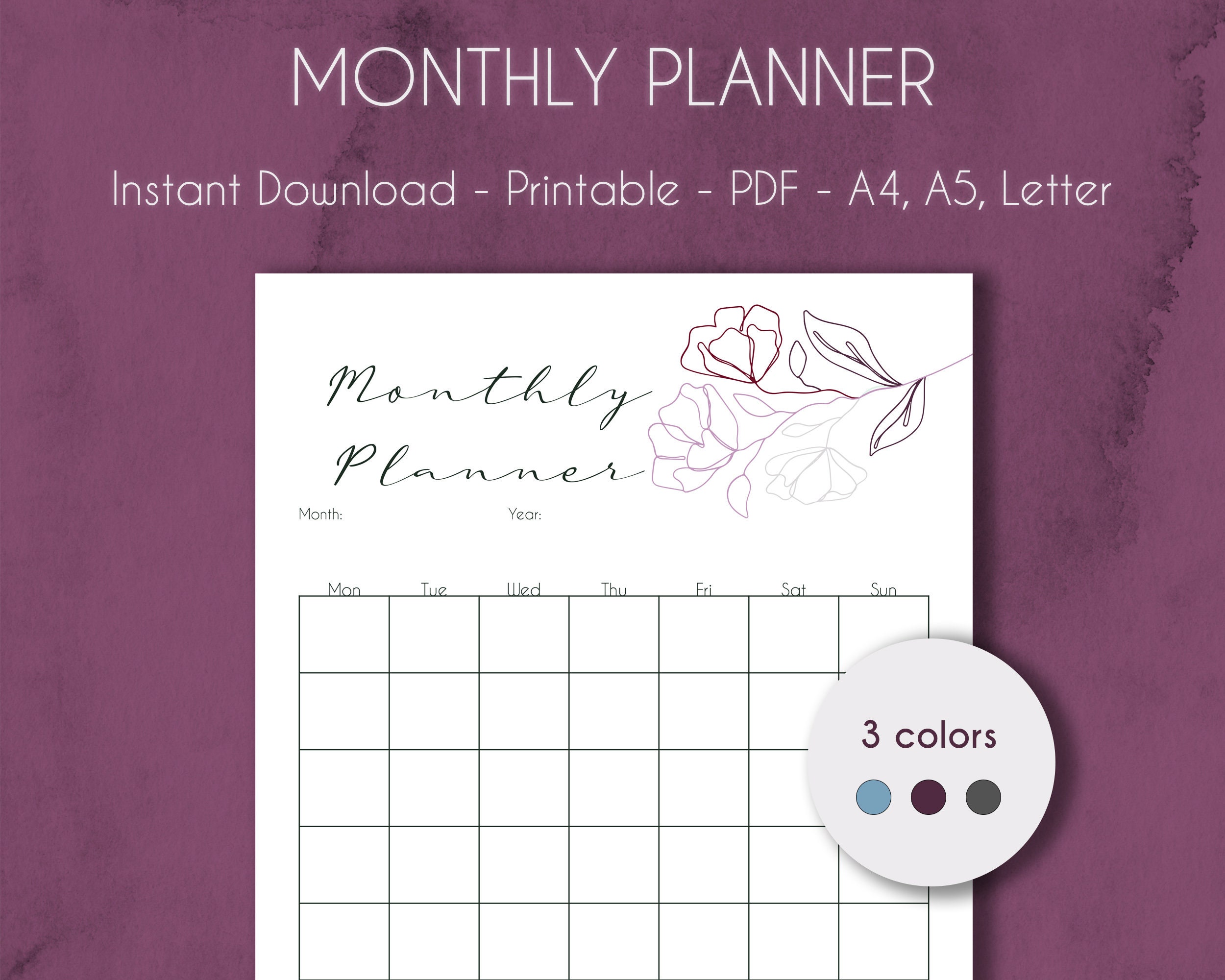 Monthly Planner PRINTABLE Line Art Flower Undated Printable - Etsy