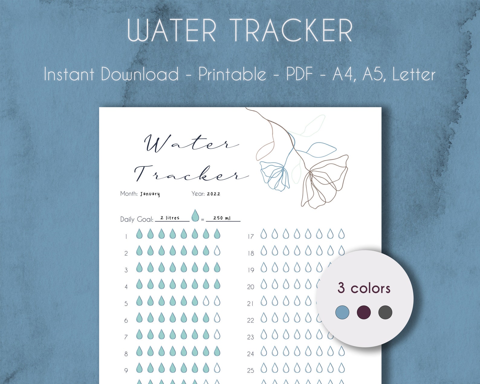 Water Tracker PRINTABLE Line Art Flower Monthly Water Intake A4, A5 ...