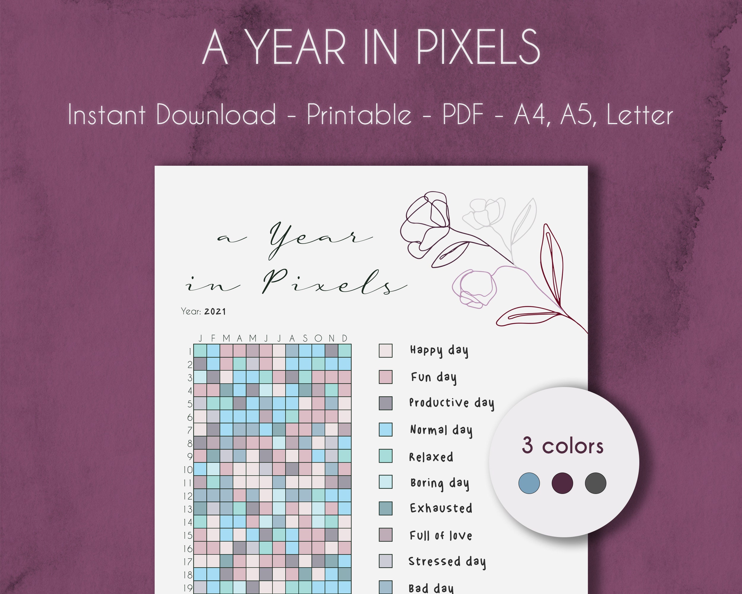 A Year in Pixels PRINTABLE Line Art Flower Yearly Mood Tracker A4, A5 ...