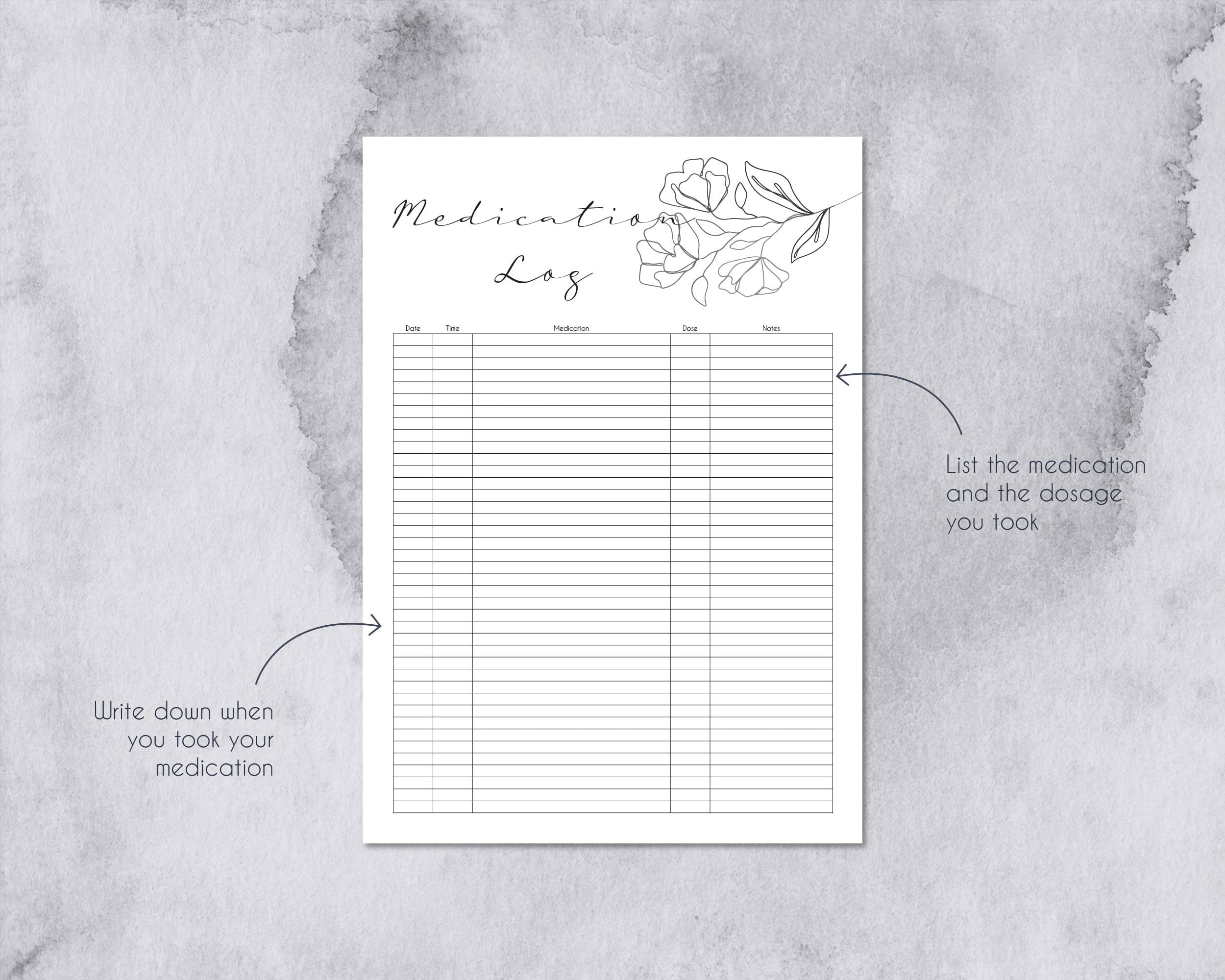 Medication Log PRINTABLE Line Art Flower| Pill Tracker | A4, A5 ...